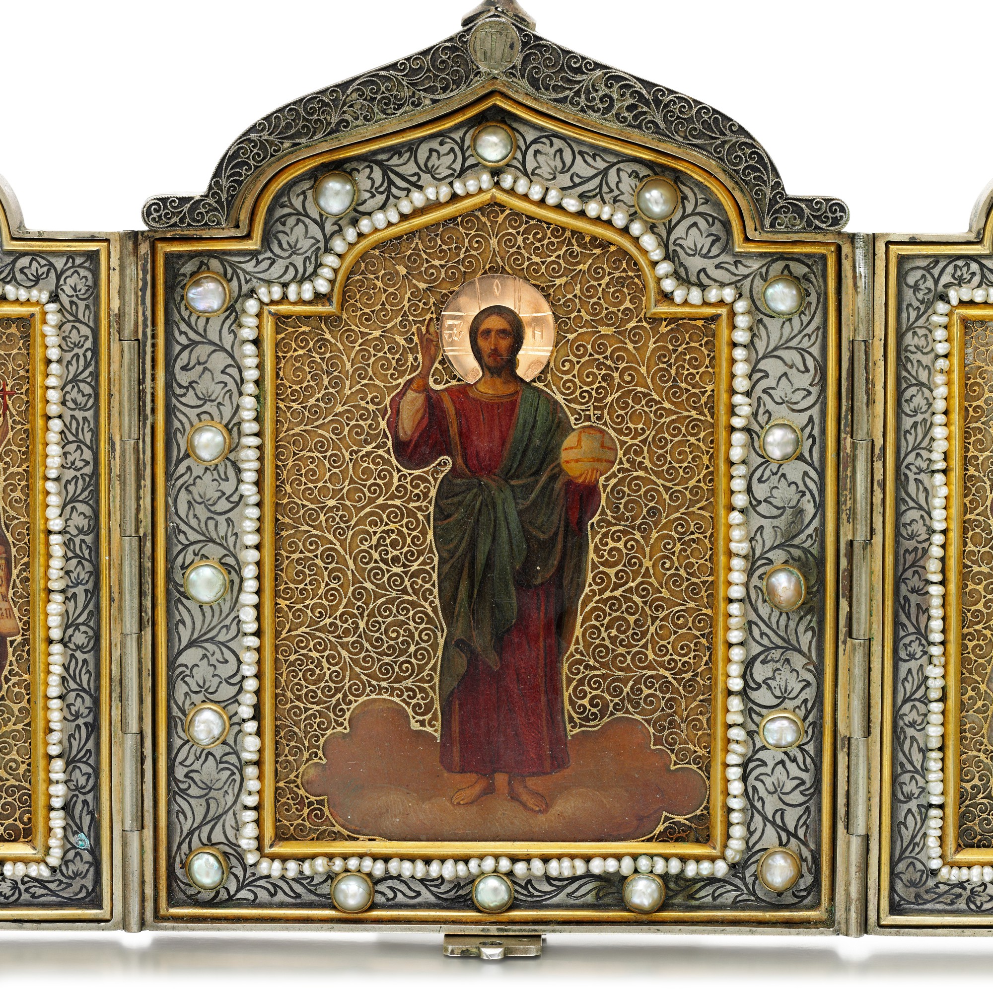 A PARCEL-GILT GOLD, SILVER AND PEARL-SET TRIPTYCH ICON, OLOVYANISHNIKOV AND SONS, MOSCOW, 1908 ...