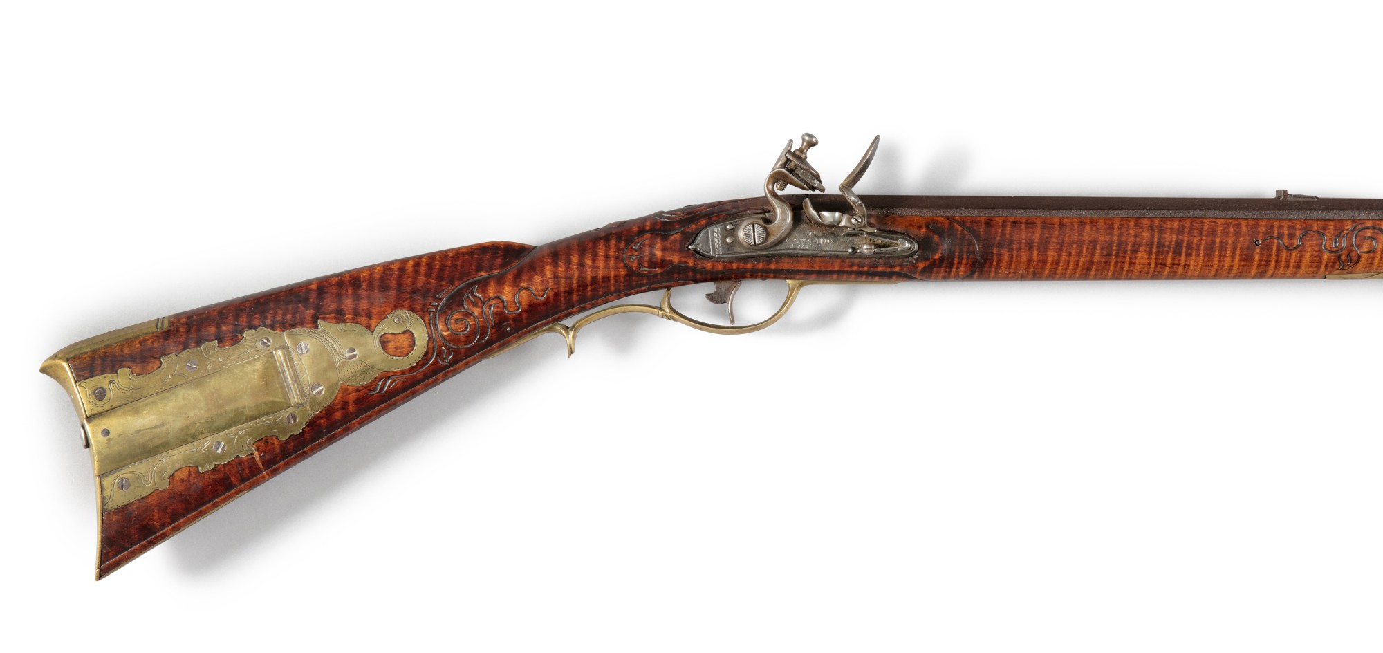 Fine Carved and Figured Maple Engraved Brass and Steel Flintlock ...