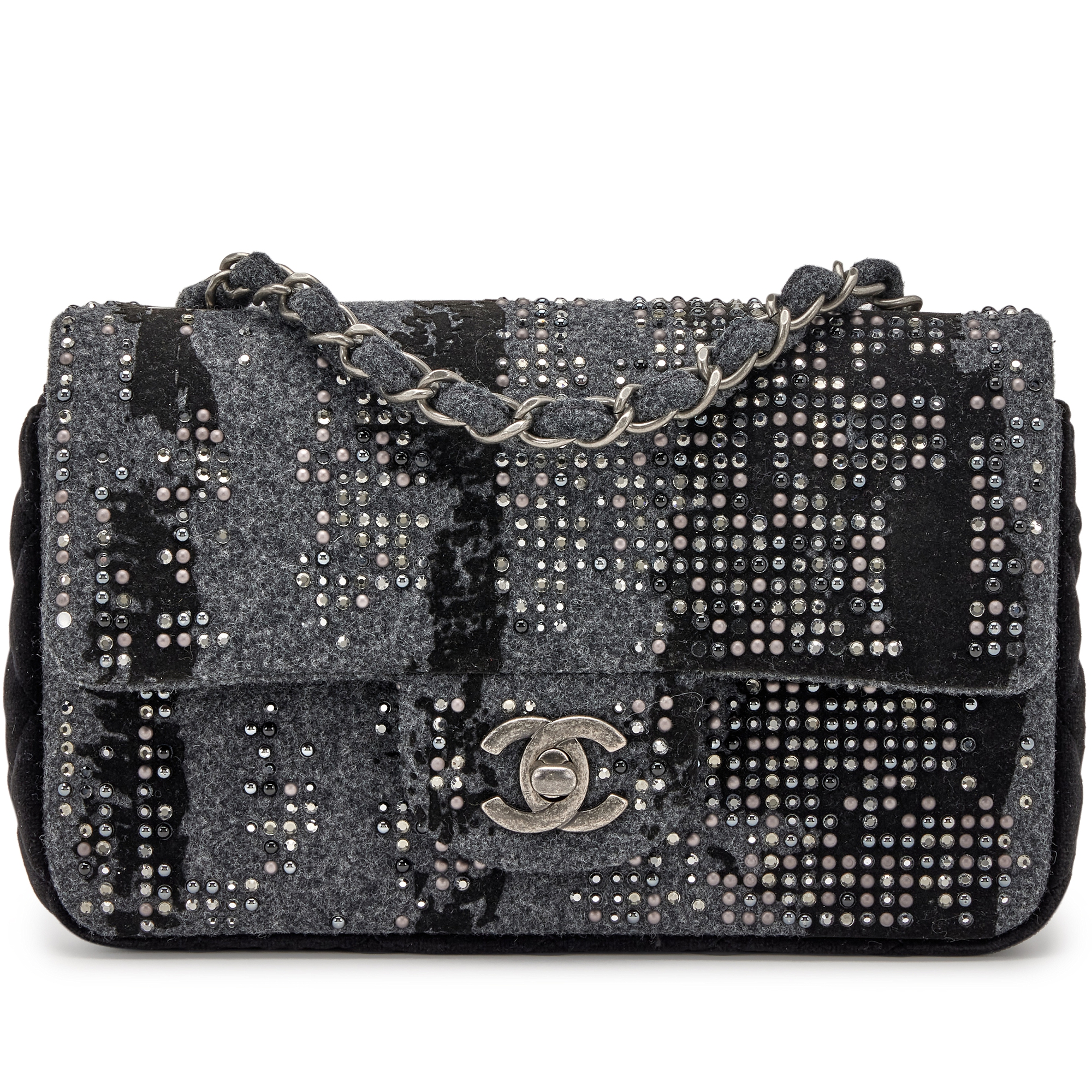 Chanel Black And Grey Felt, Velvet, And Strass Mini Flap Ruthenium ...
