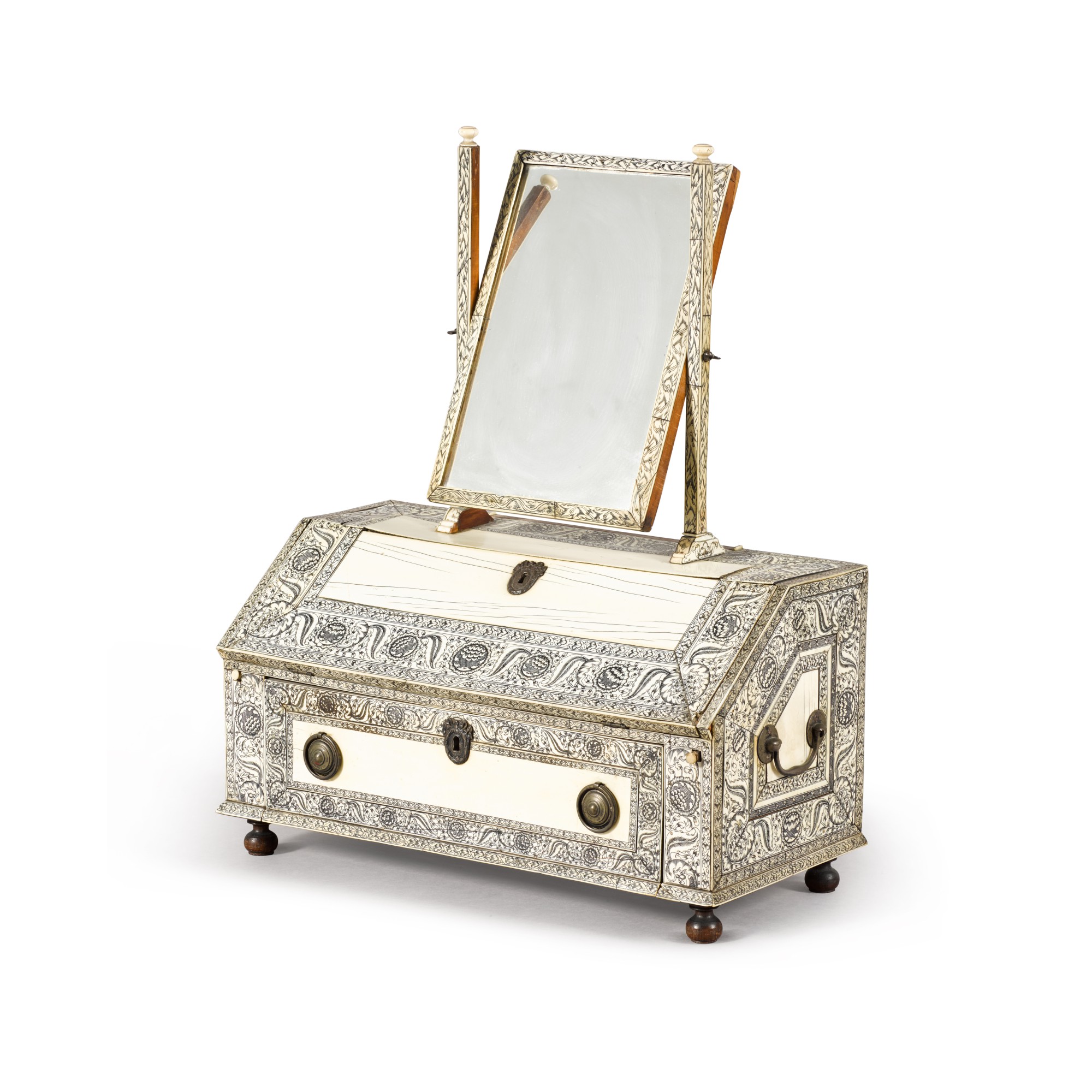 An Anglo-Indian veneered ivory-inlaid table bureau with toilet glass ...