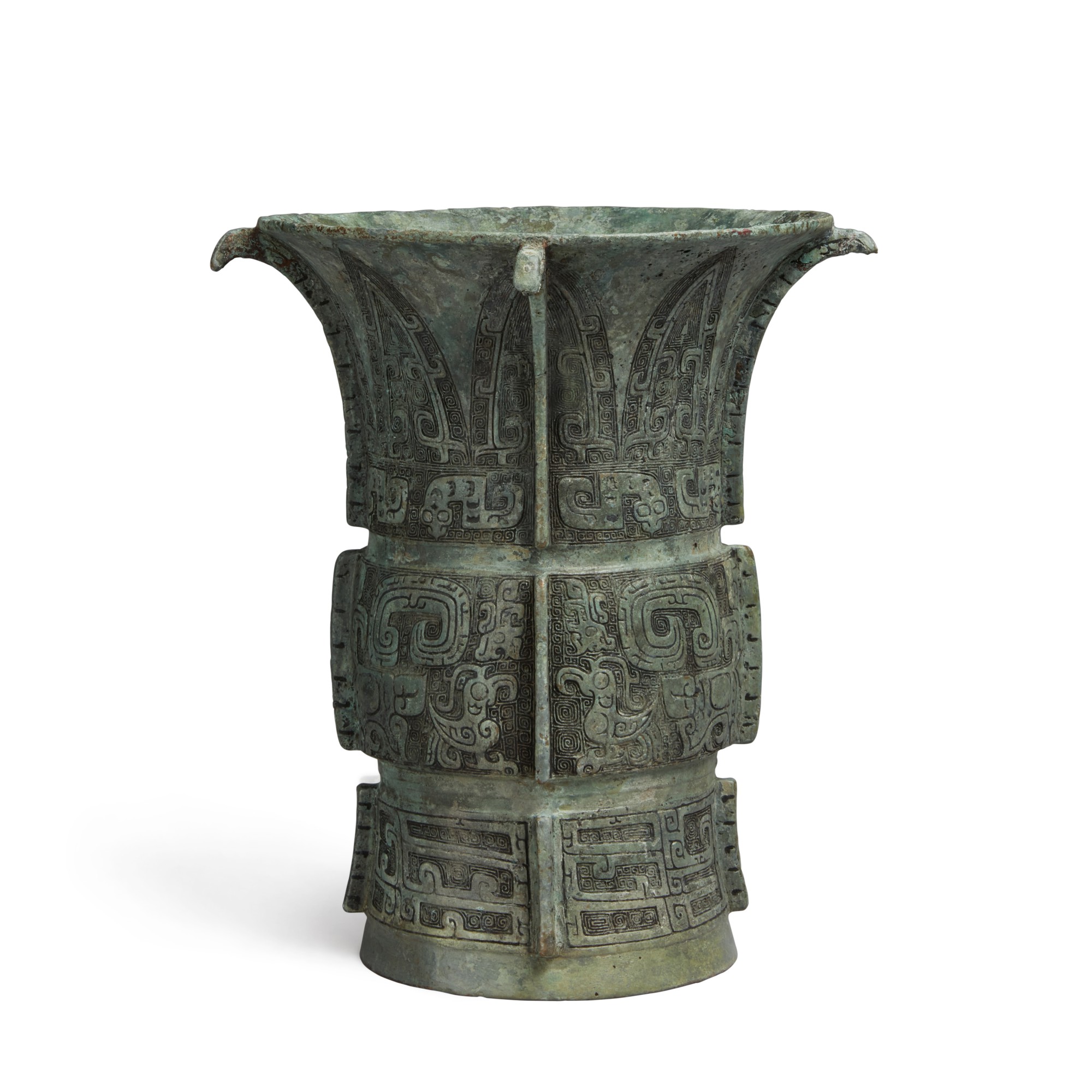 An inscribed archaic bronze ritual wine vessel (Zun), Late Shang ...