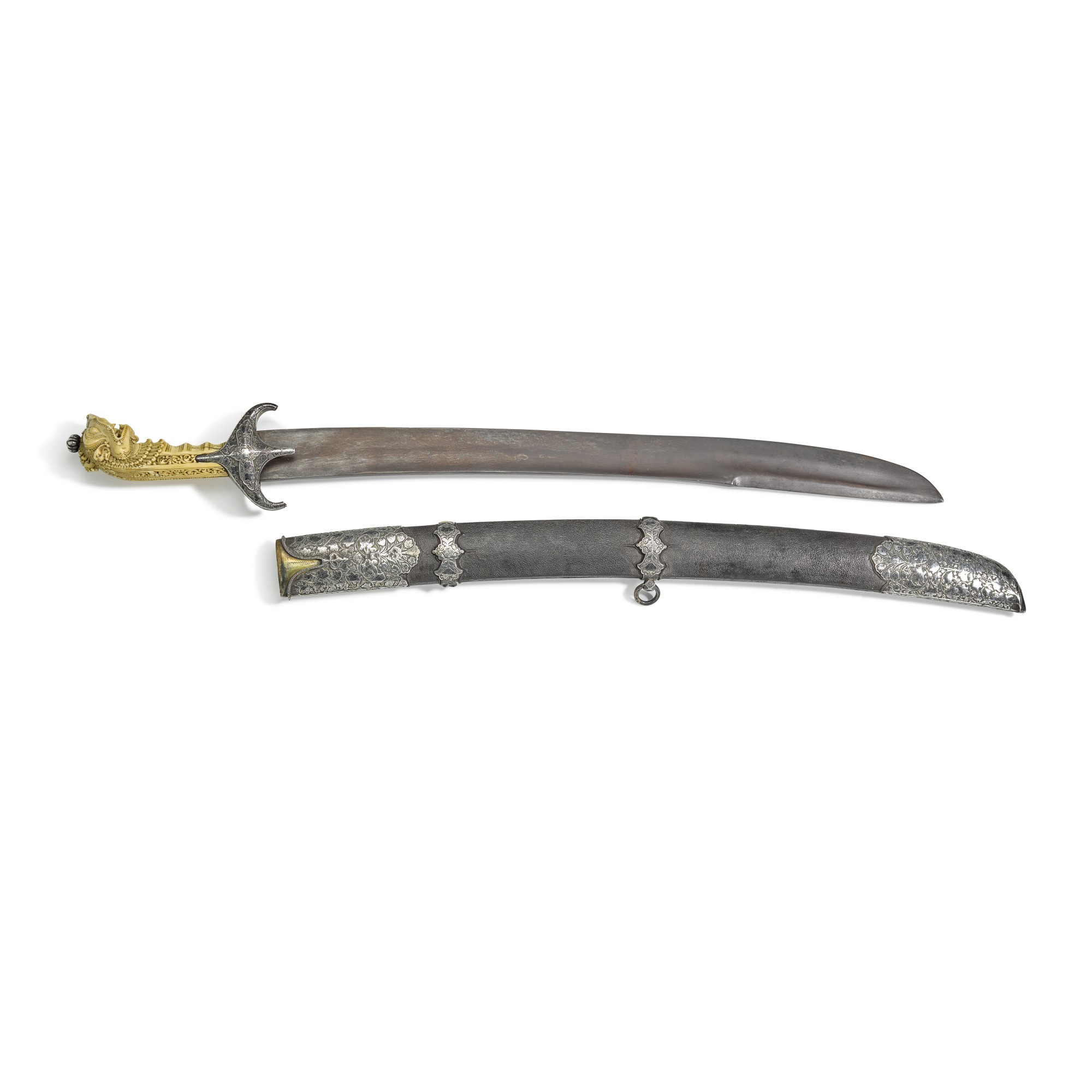 An Ottoman sword (kilij) and scabbard, set with carved ivory yali-head ...