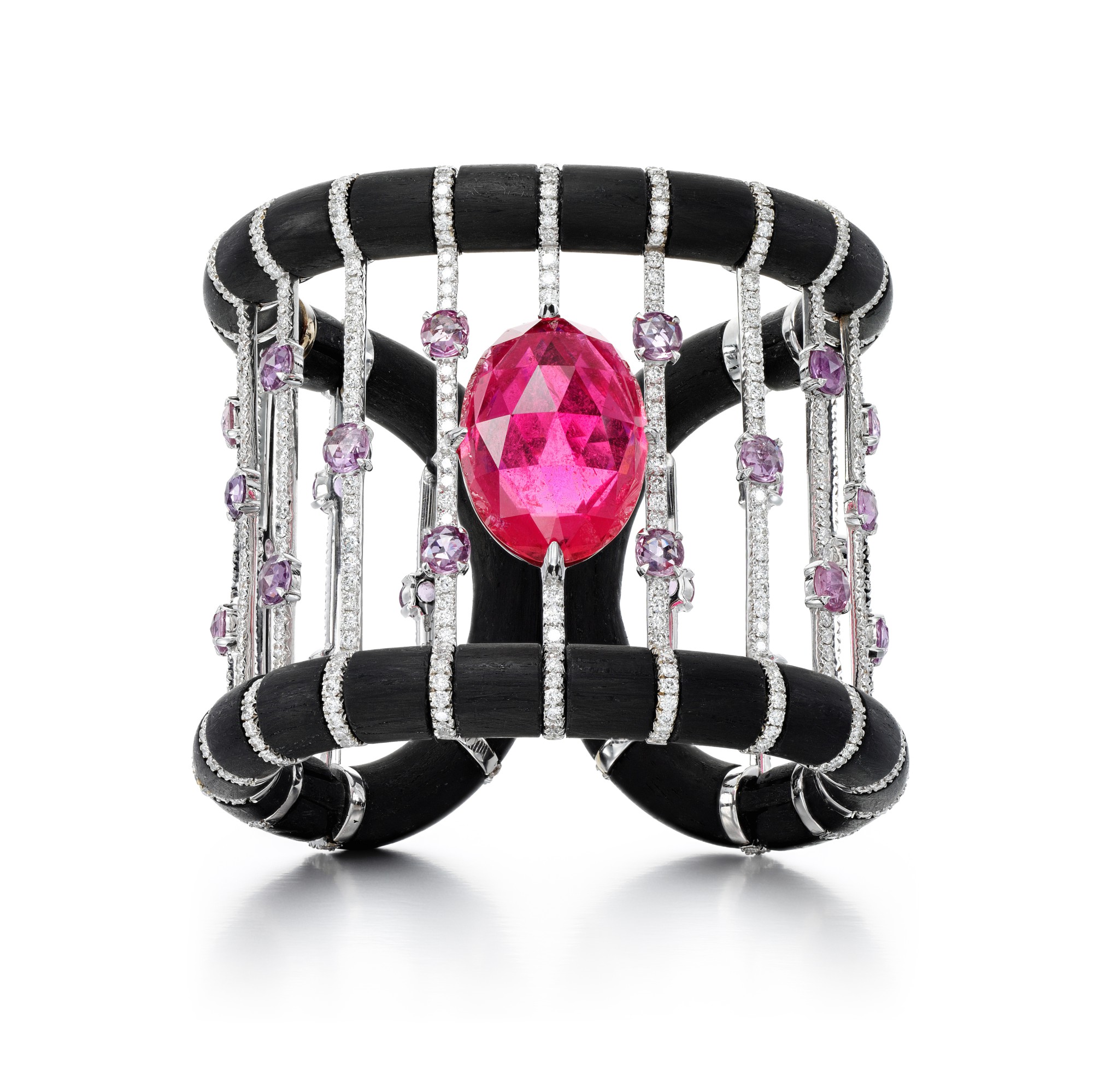 Carbon fibre, white gold, diamond, pink sapphire and rubellite cuff bracelet | Jewellery ...