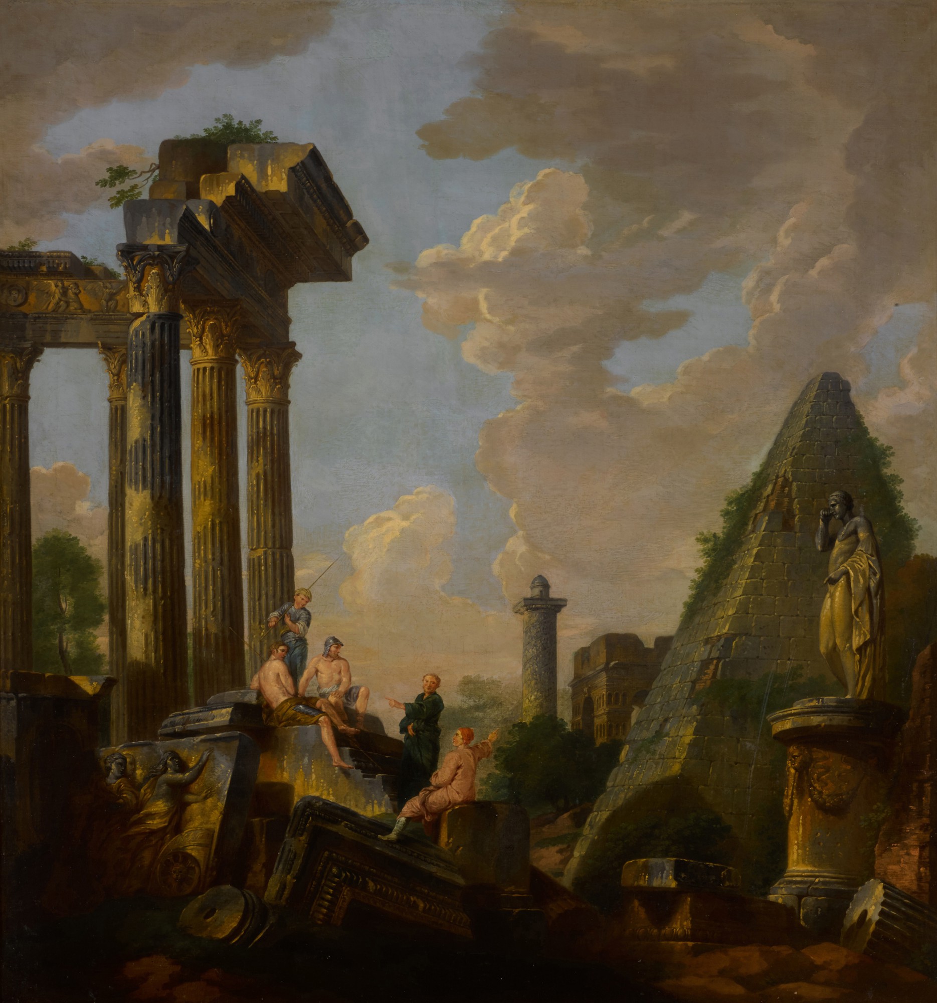 An architectural capriccio with a preaching apostle and figures before ruins, including the ...