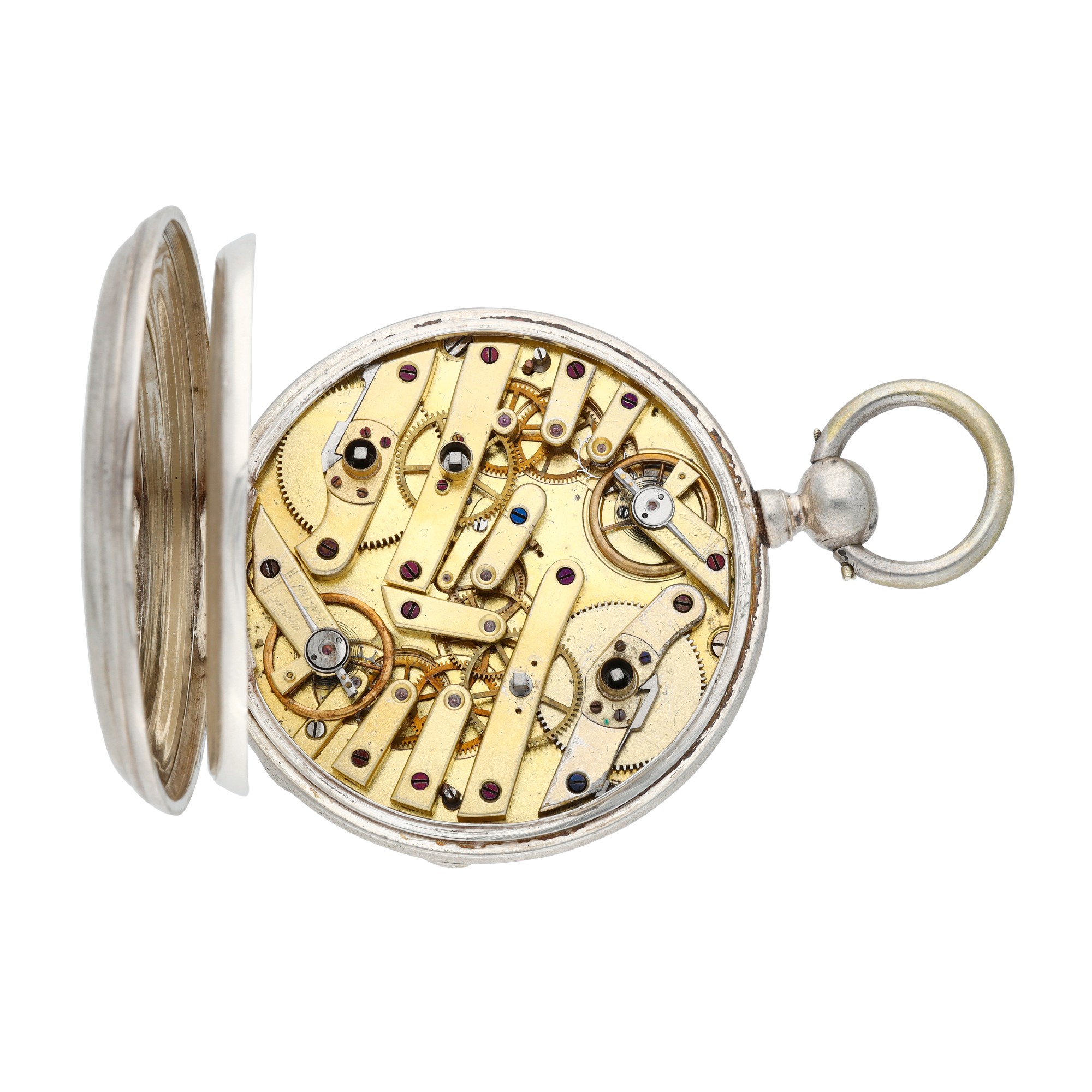 An interesting and unusual silver open-faced dual time zone watch, the ...