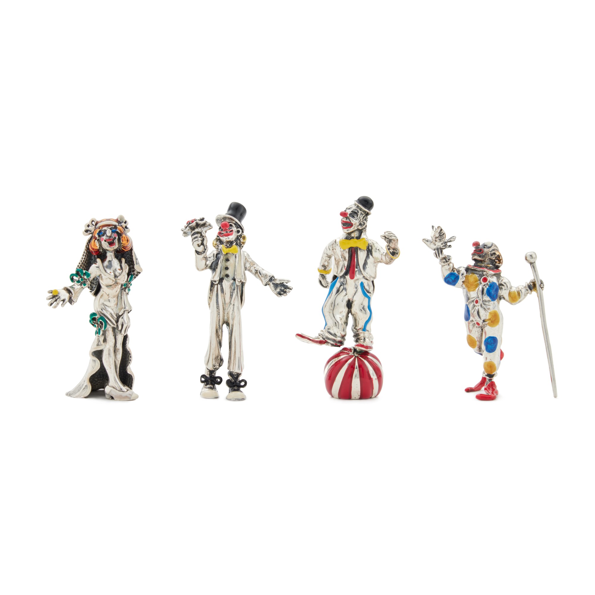 A group of seventeen Italian silver and enamel clowns, designed by ...