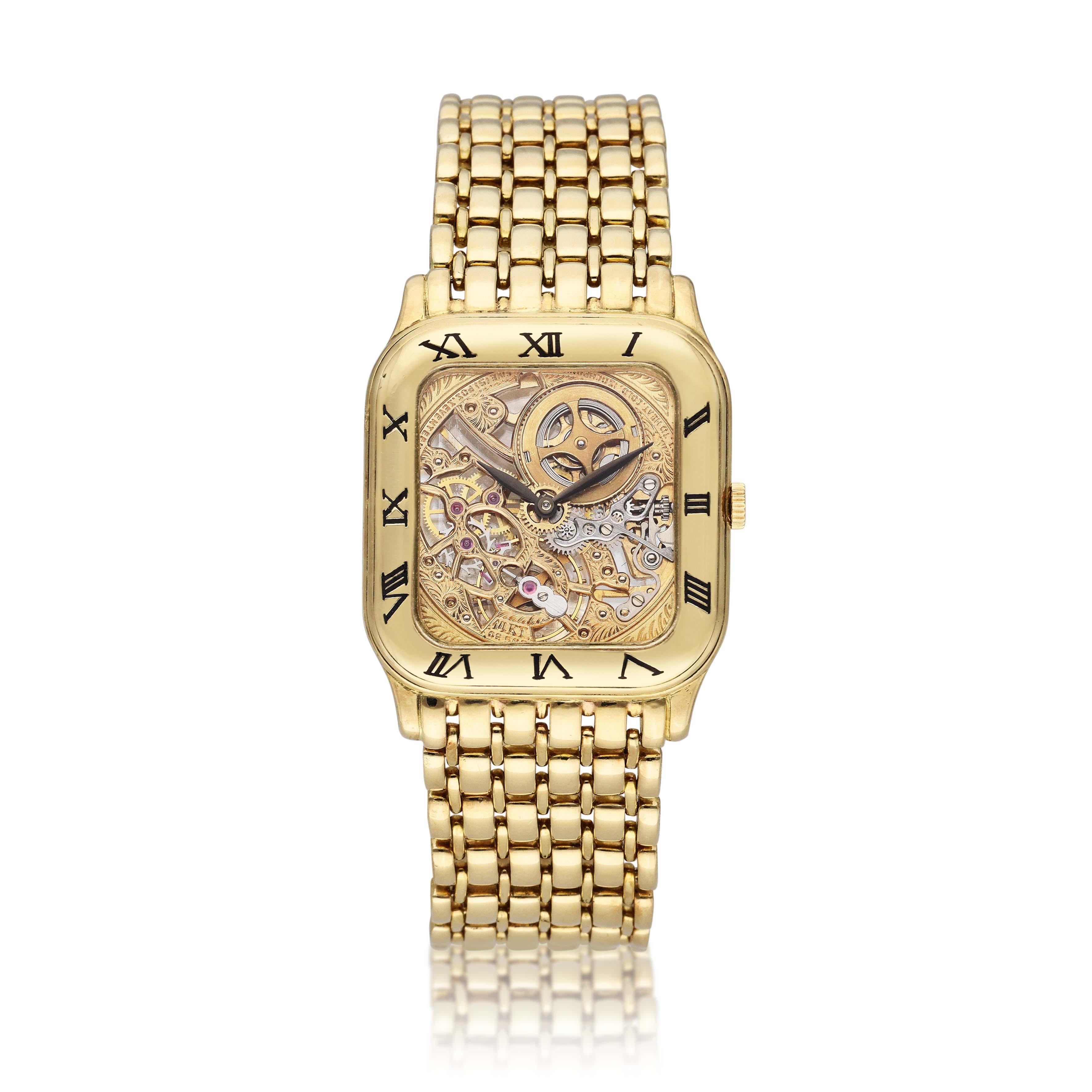 A yellow gold rectangle shaped skeletonized bracelet watch, Circa 1980 ...