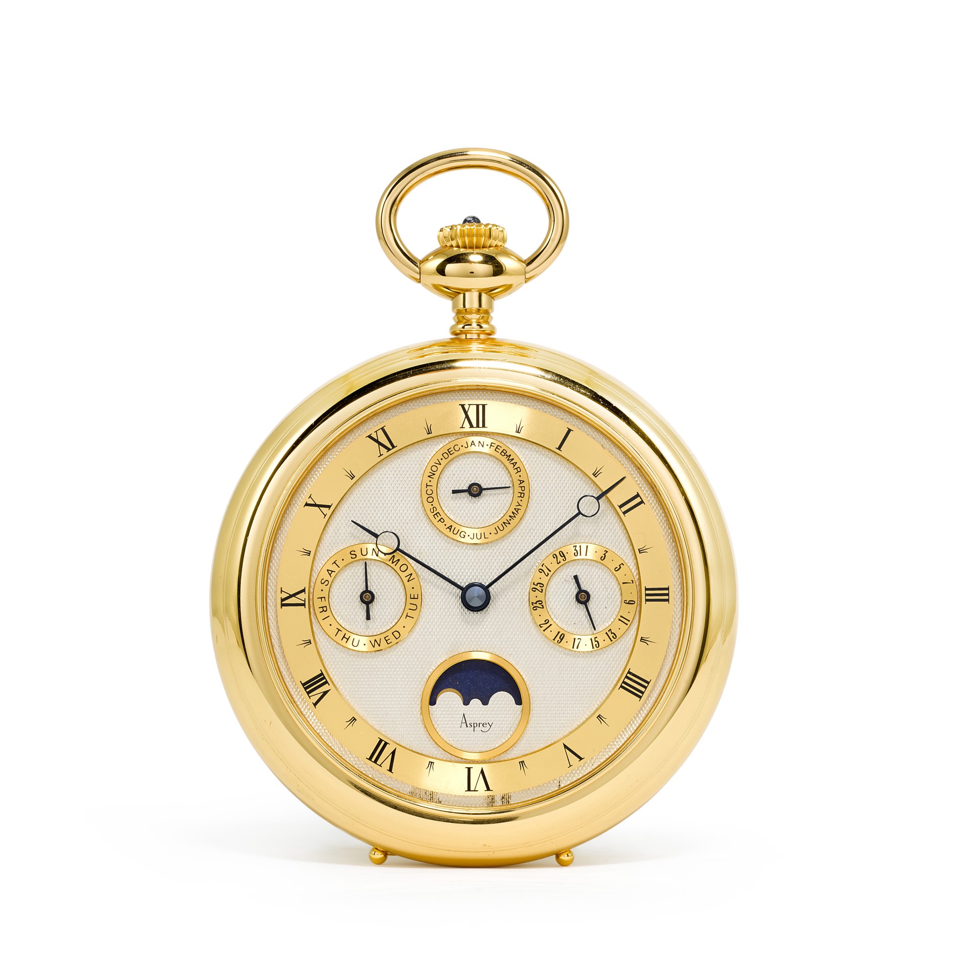 A gilt-brass presentation timepiece with calendar and moon dials ...