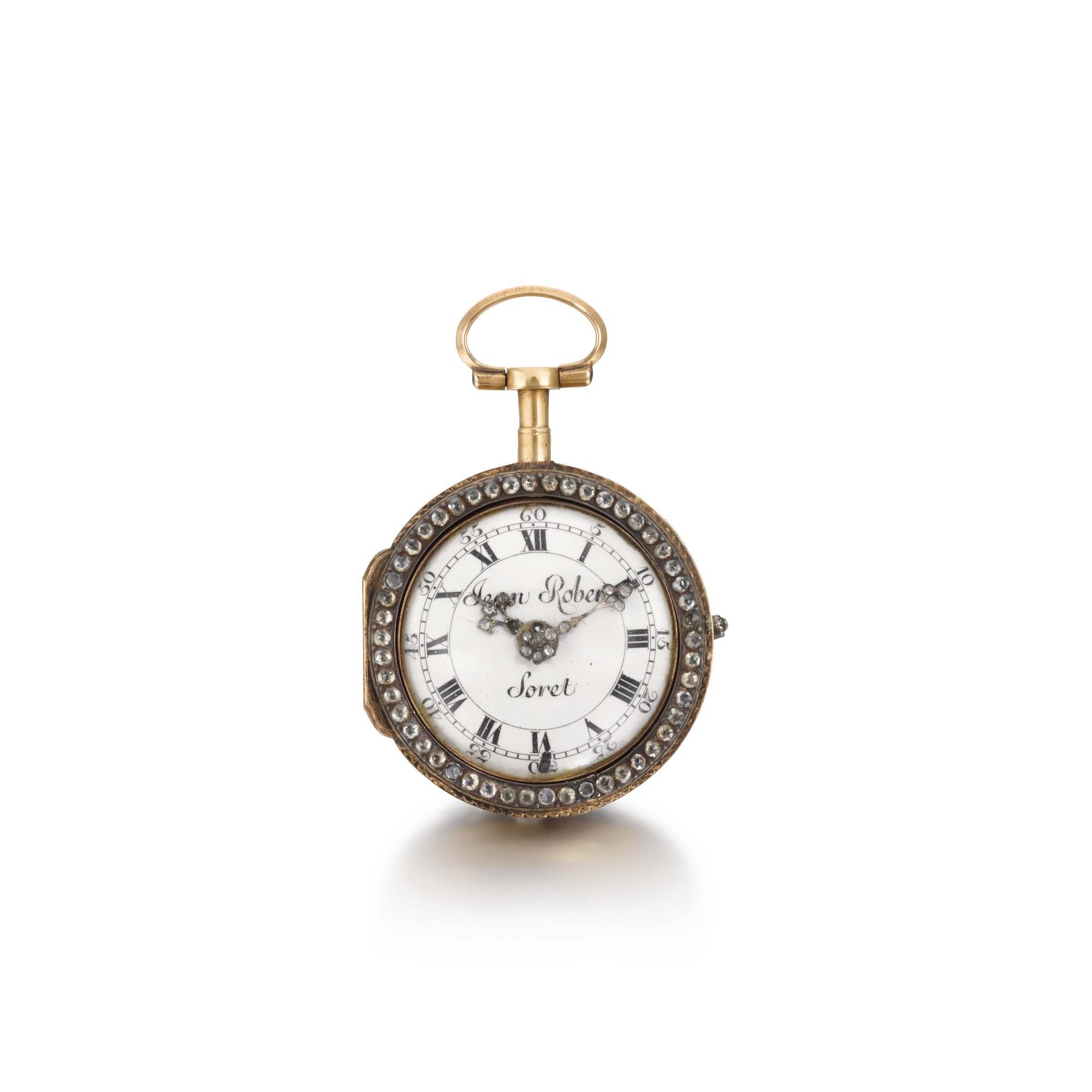 A GOLD AND ENAMEL PAIR CASED VERGE WATCH WITH ASSOCIATED MAHOGANY STAND ...