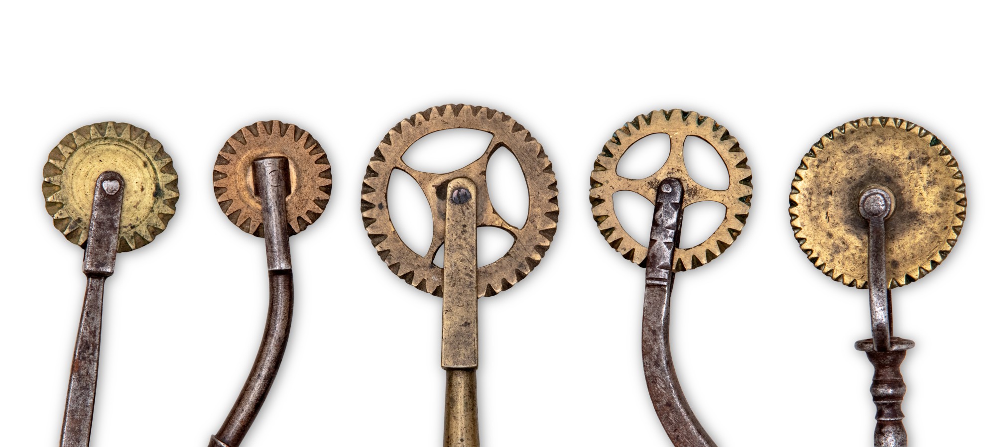 Group of Five Cast Brass and Wrought Iron Jagging Wheels, Southeastern ...