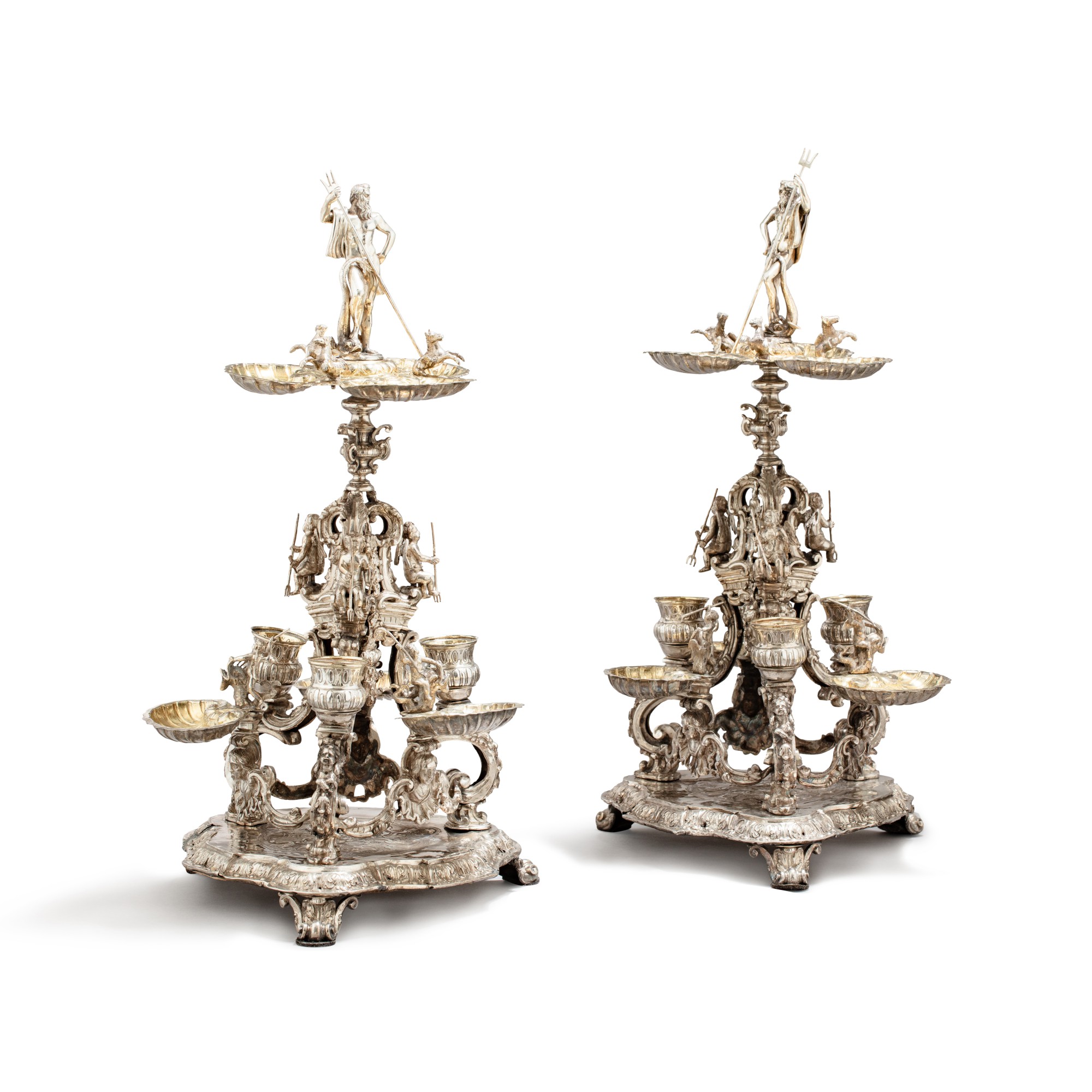 A pair of Italian silver table centrepieces, Naples, 1729 and later ...