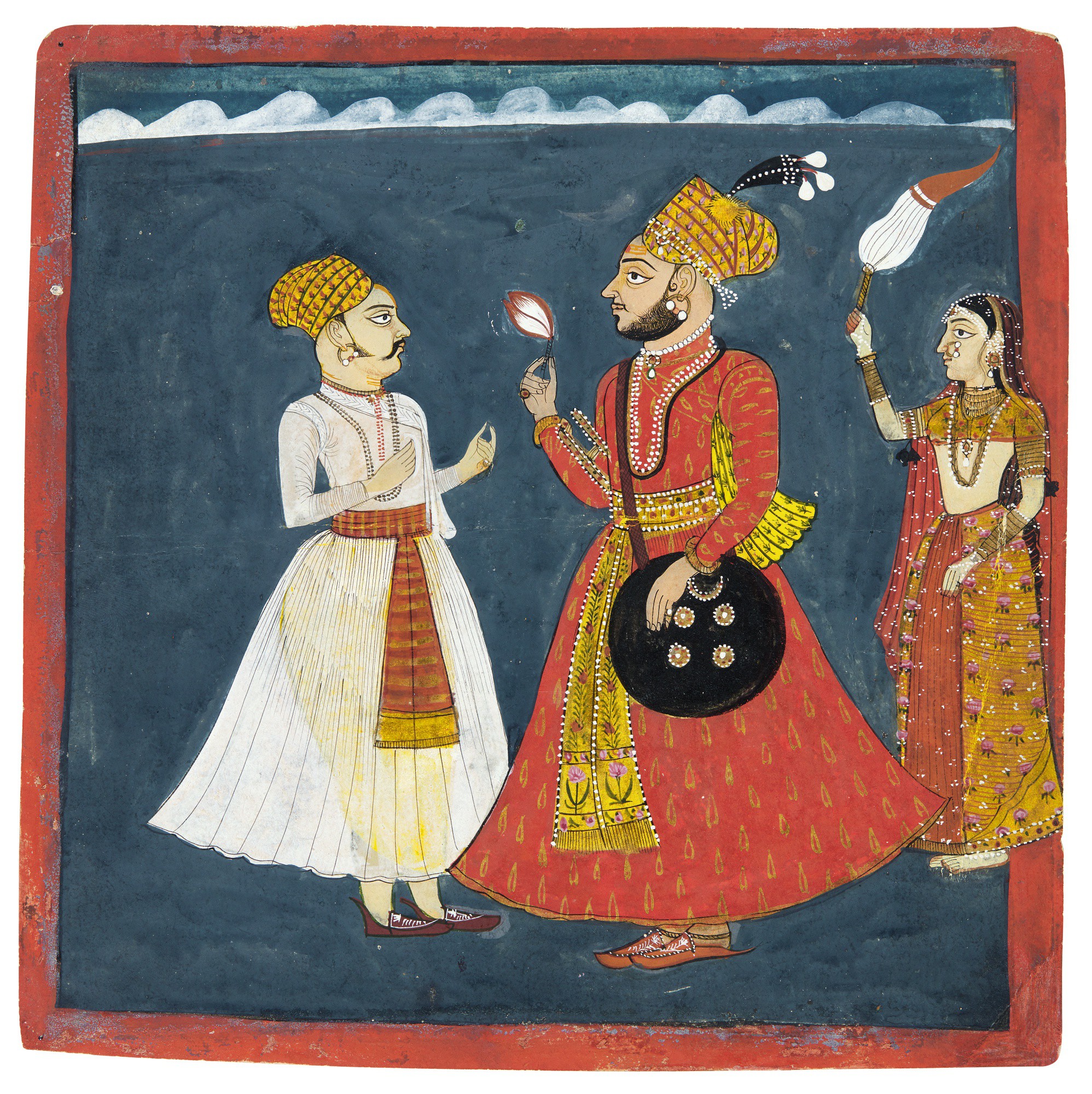 A PORTRAIT OF MAHARAJA KISHAN SINGH WITH ATTENDANTS, INDIA, SAWAR ...