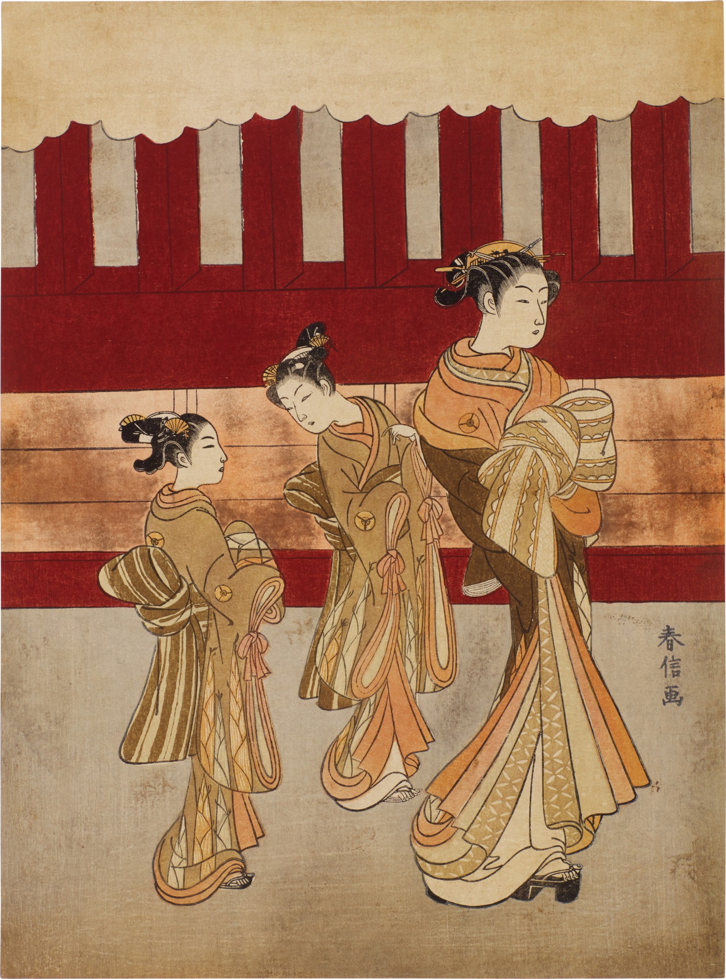 Suzuki Harunobu (1725-1770) | A courtesan accompanied by two kamuro ...