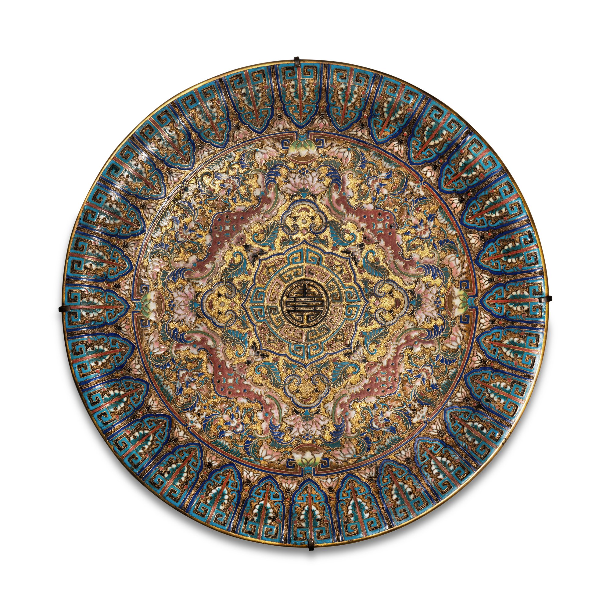 A champlevé and cloisonné enamel dish, Qing dynasty, 19th century ...