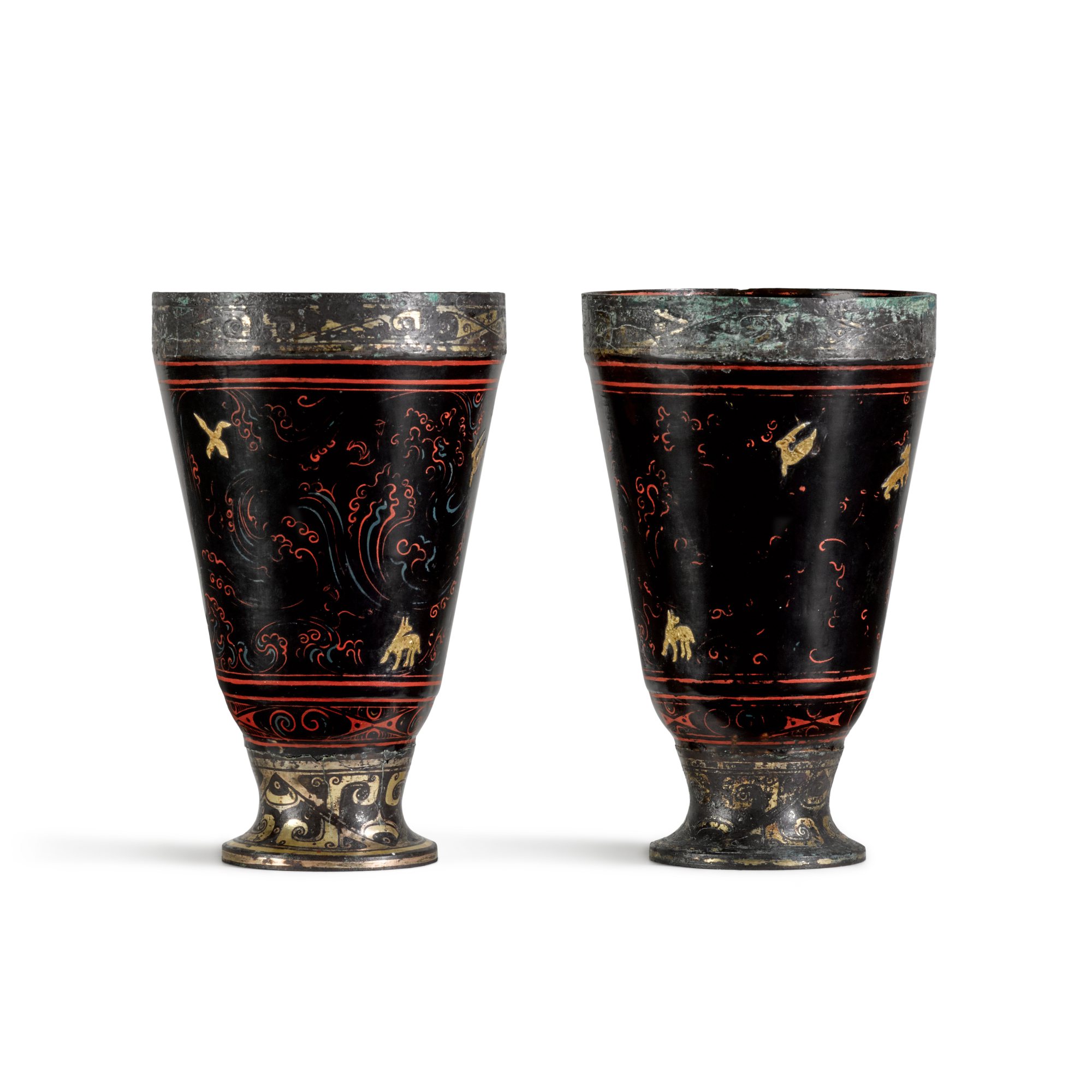 A pair of gold foil-embellished and painted-lacquer goblets with gold ...