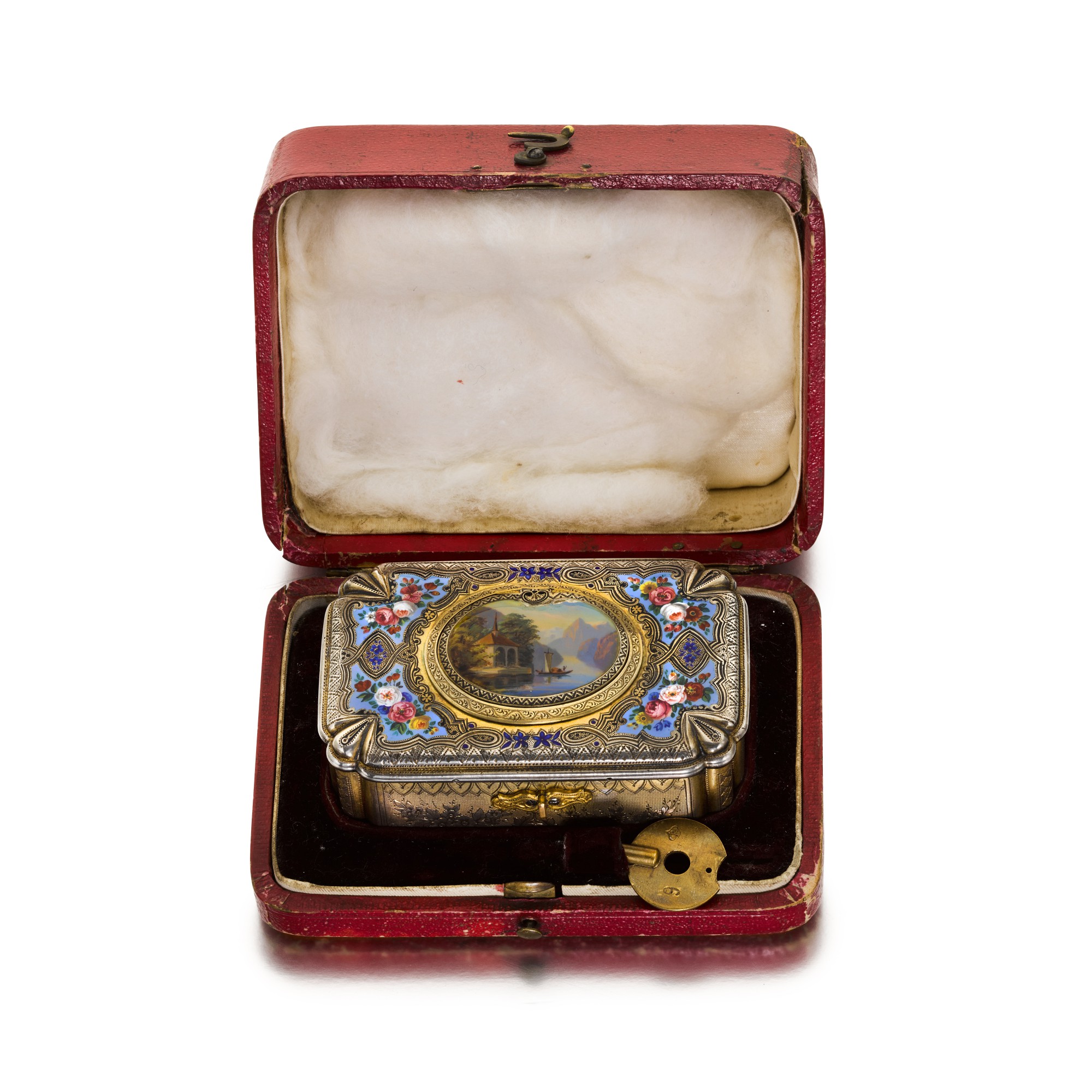 A parcel-gilt silver and enamel singing bird box, Charles Bruguier ...