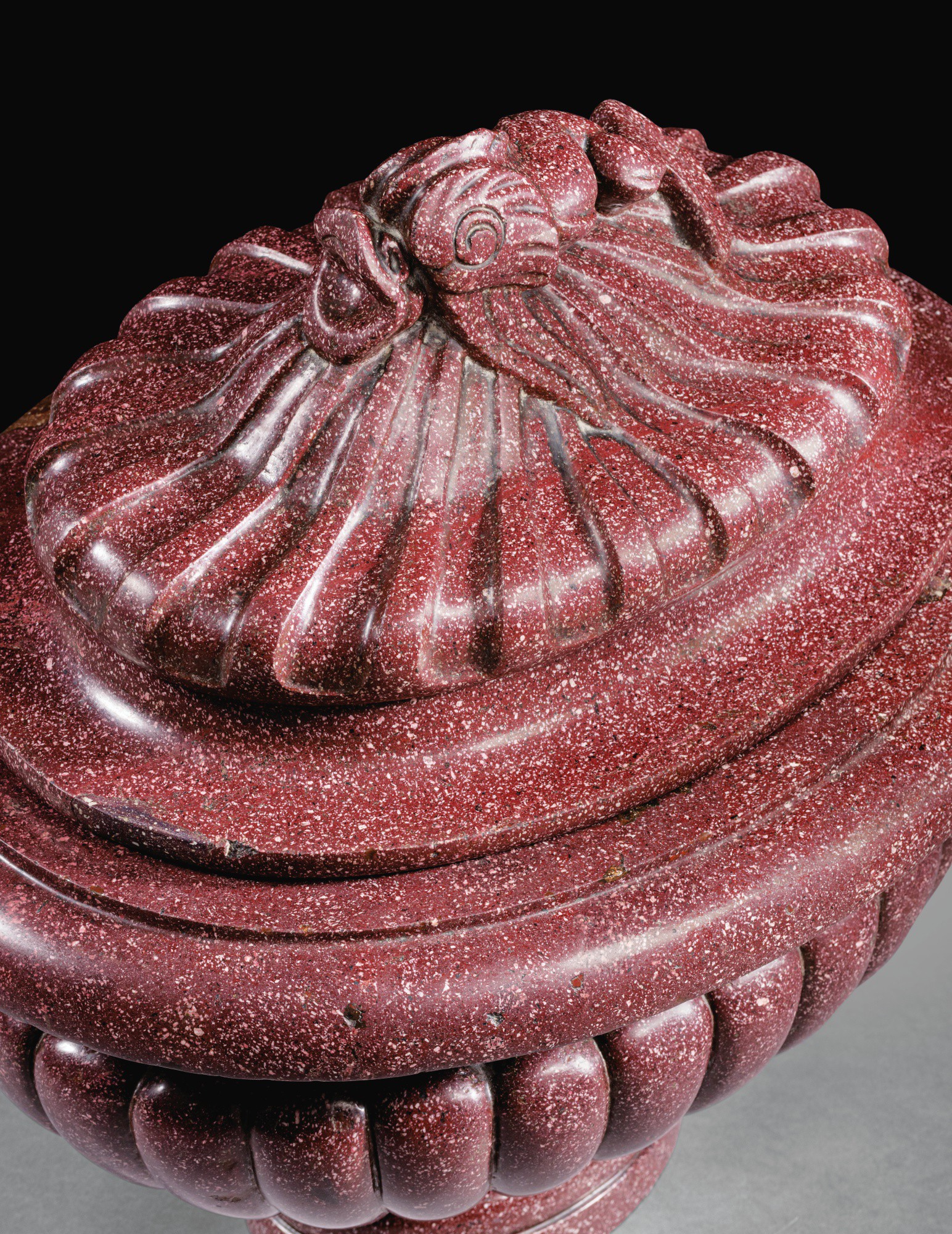 A LARGE CARVED RED EGYPTIAN PORPHYRY VASE WITH COVER, LOUIS XIV ...