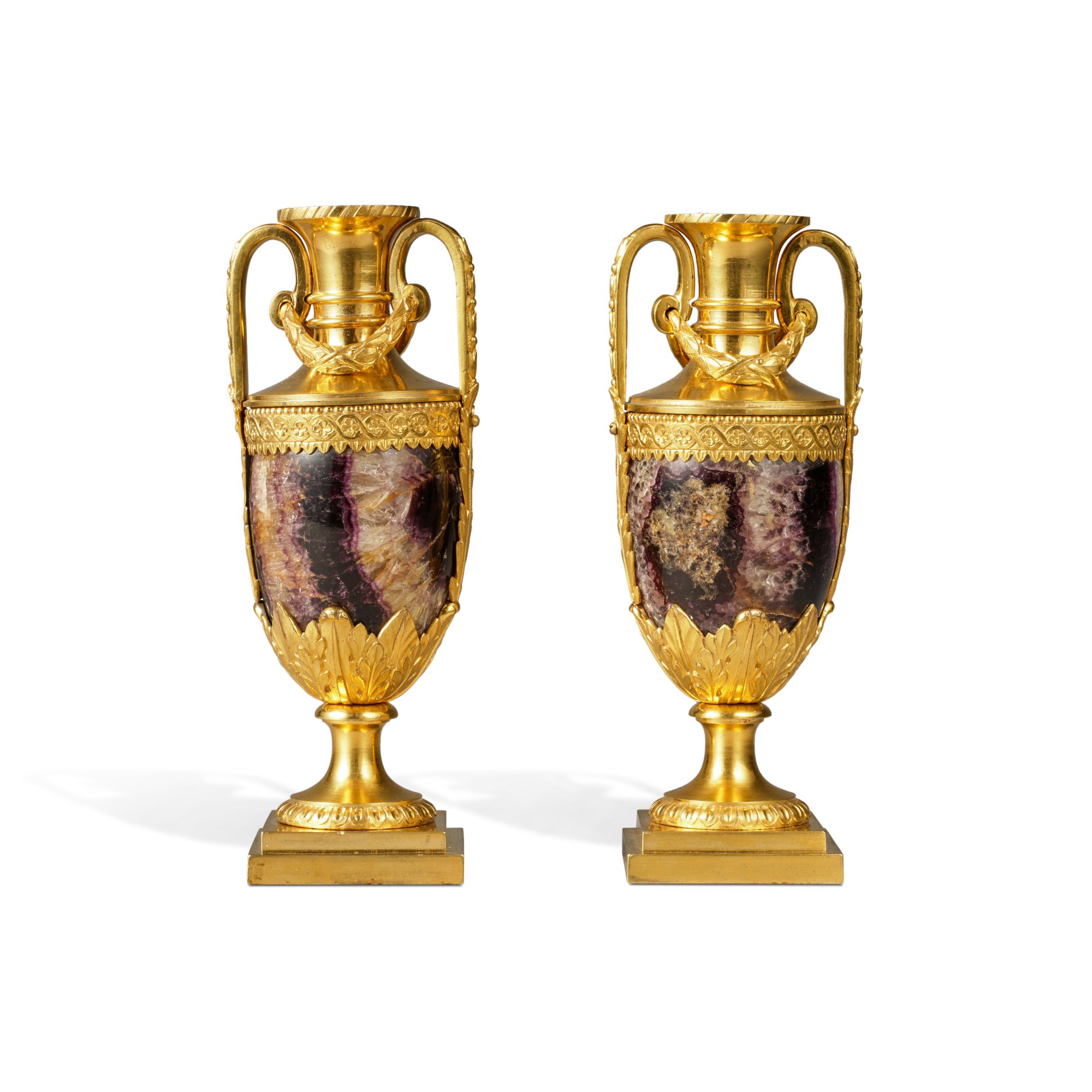 A Pair of George III Style Gilt-Bronze Mounted Blue John Candle Vases ...