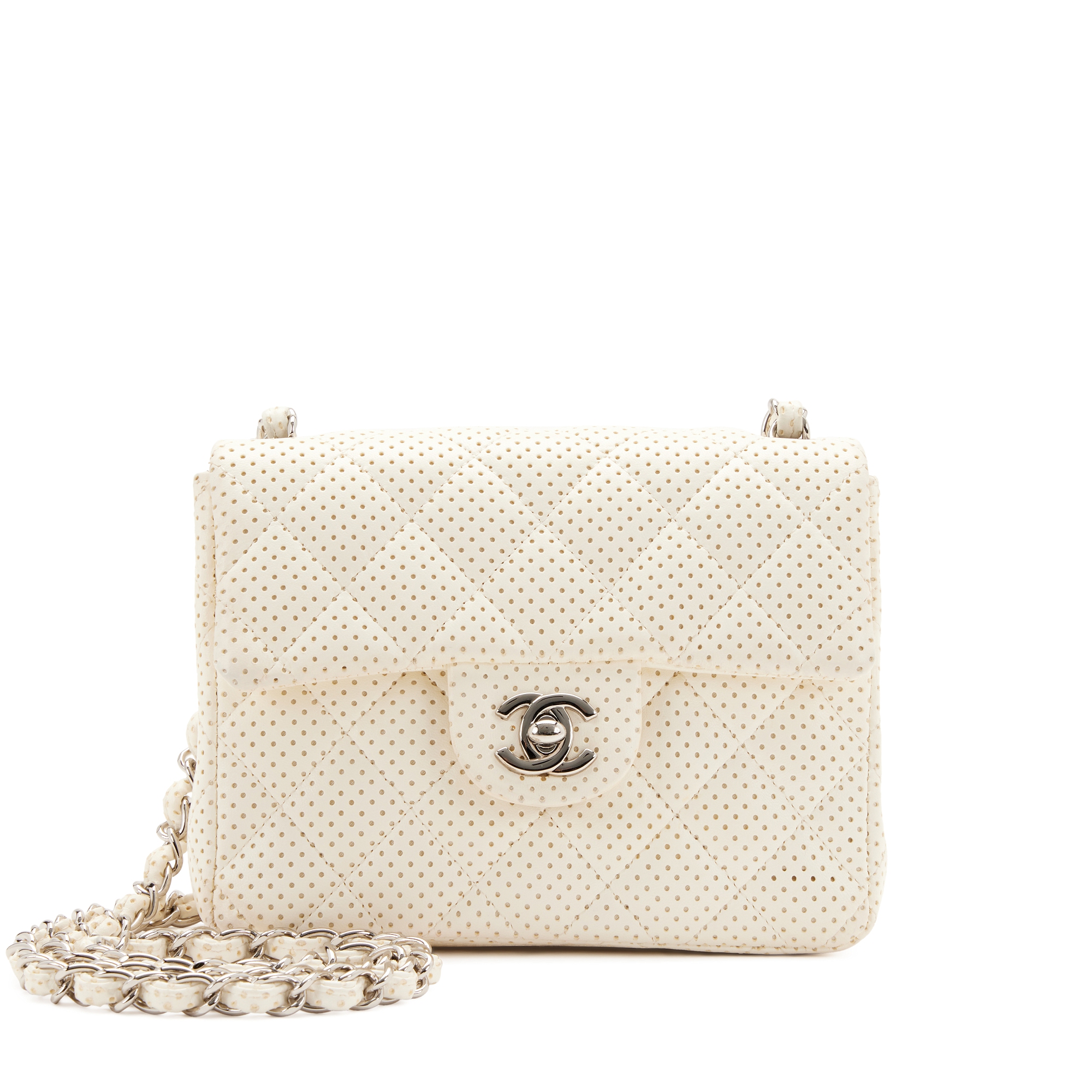 Chanel Ivory Quilted Perforated Lambskin Mini Square Flap Silver ...