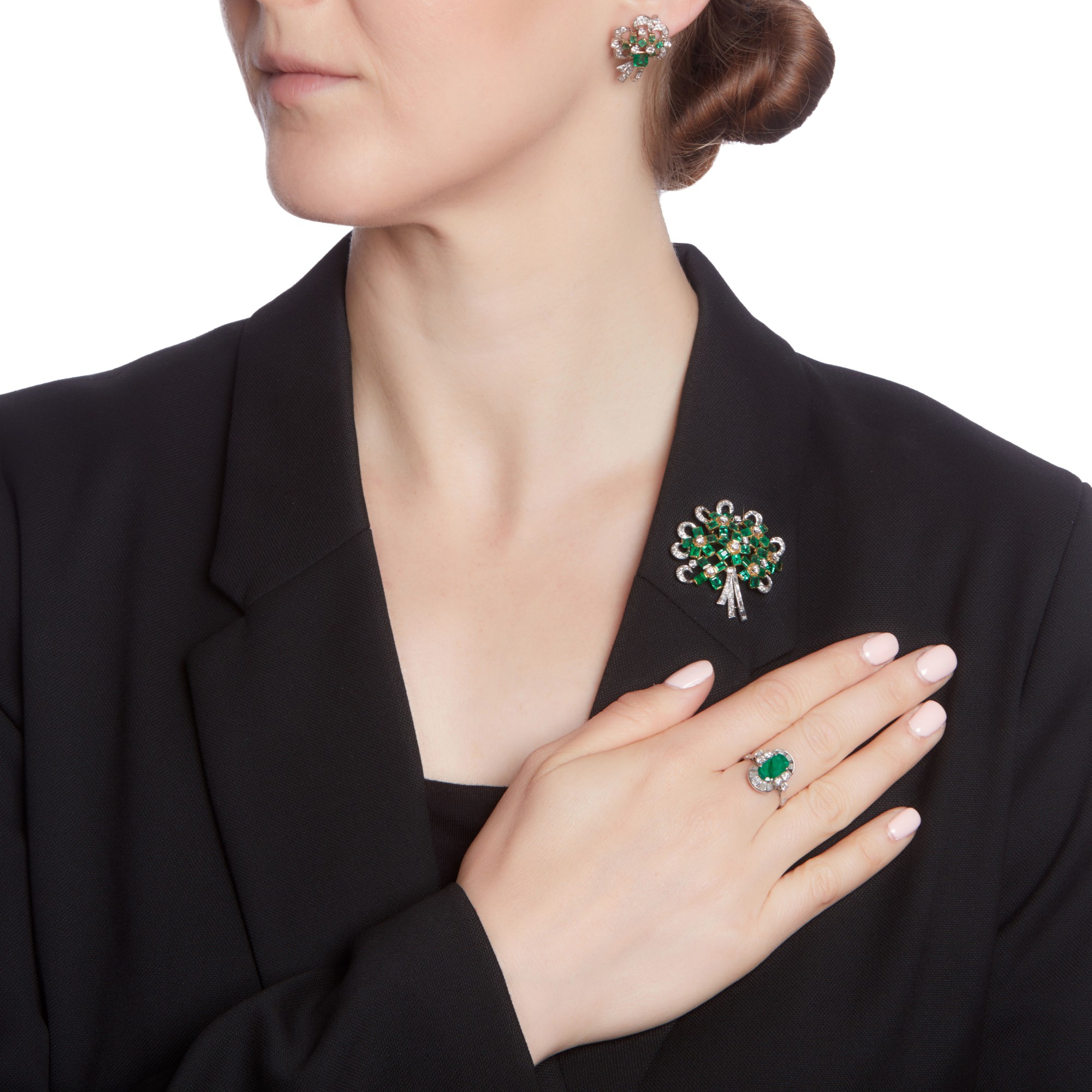 Emerald and diamond demi-parure and an emerald and diamond ring, 1950s ...