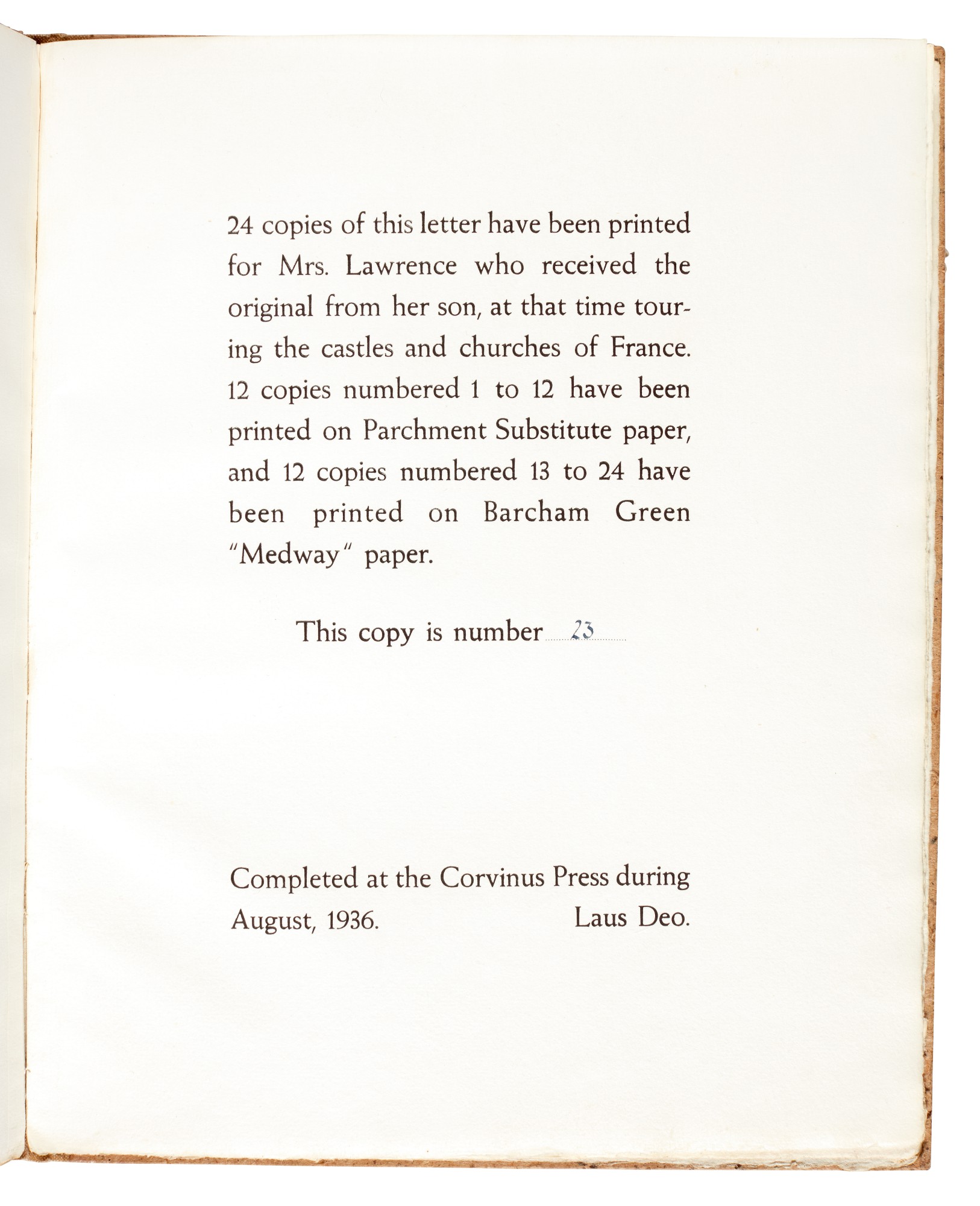 LAWRENCE, T.E. | A Letter...to his Mother, Corvinus Press, 1936, no.23/ ...