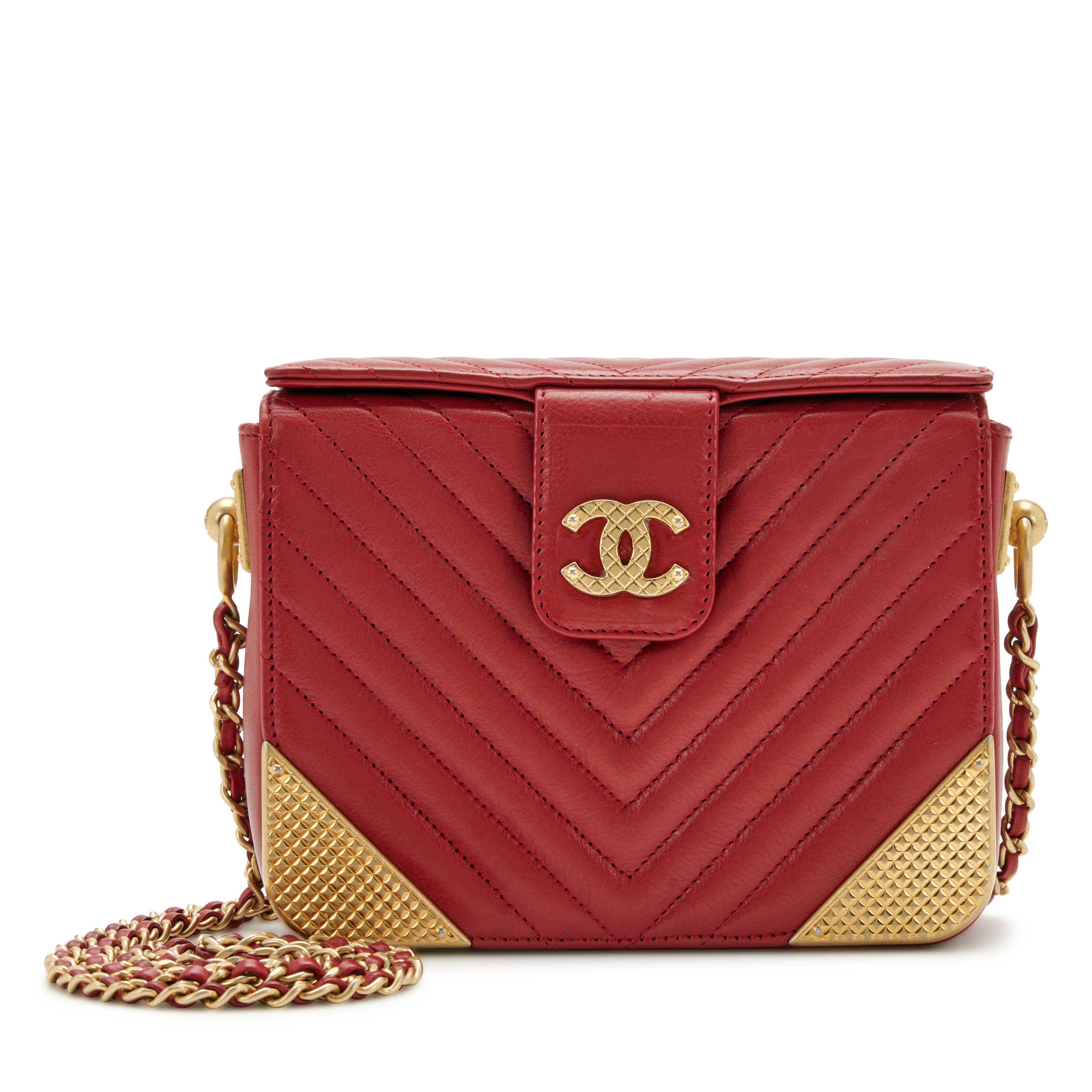 Chanel Red Chevron Quilted Calfskin Rock The Corner Minaudiere Gold ...