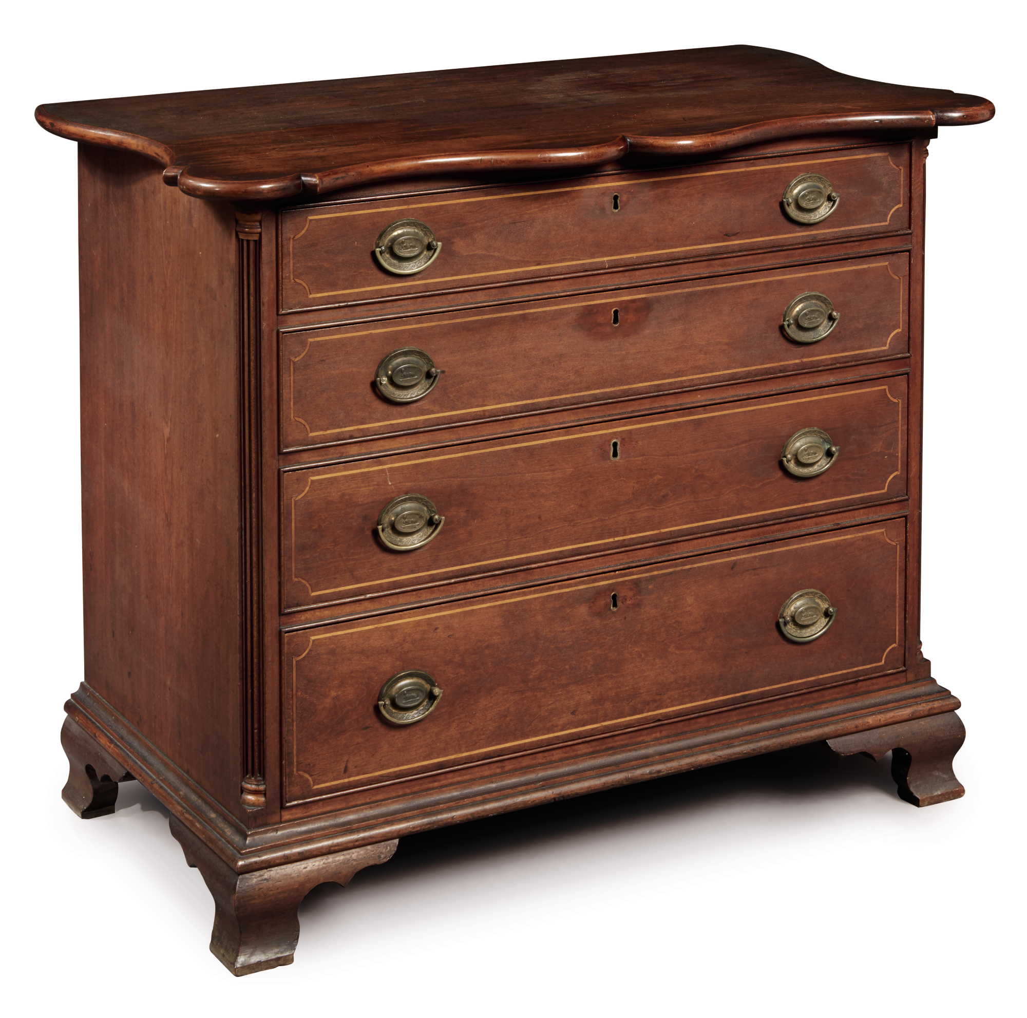 VERY FINE AND RARE CHIPPENDALE INLAID CHERRYWOOD SCALLOP-TOP CHEST OF ...