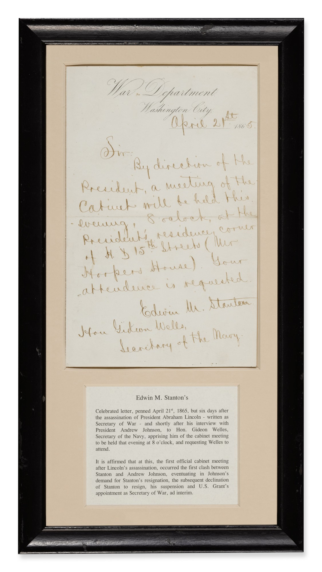 Edwin M. Stanton, ALS informing Welles of the time and place of the ...