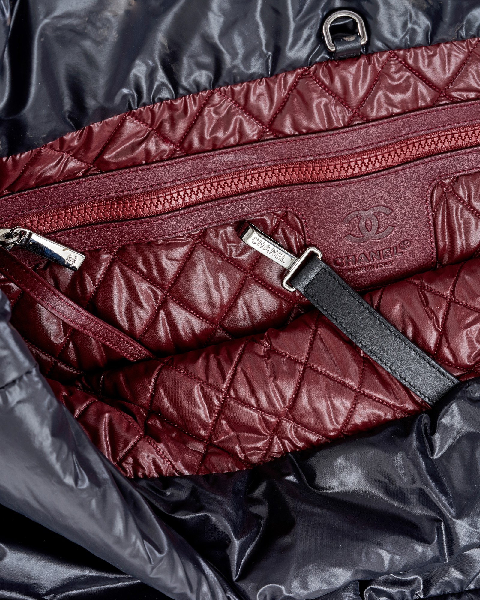 SET OF THREE BLACK/BURGUNDY PADDED NYLON COCO COCOON BAGS, CHANEL | A ...