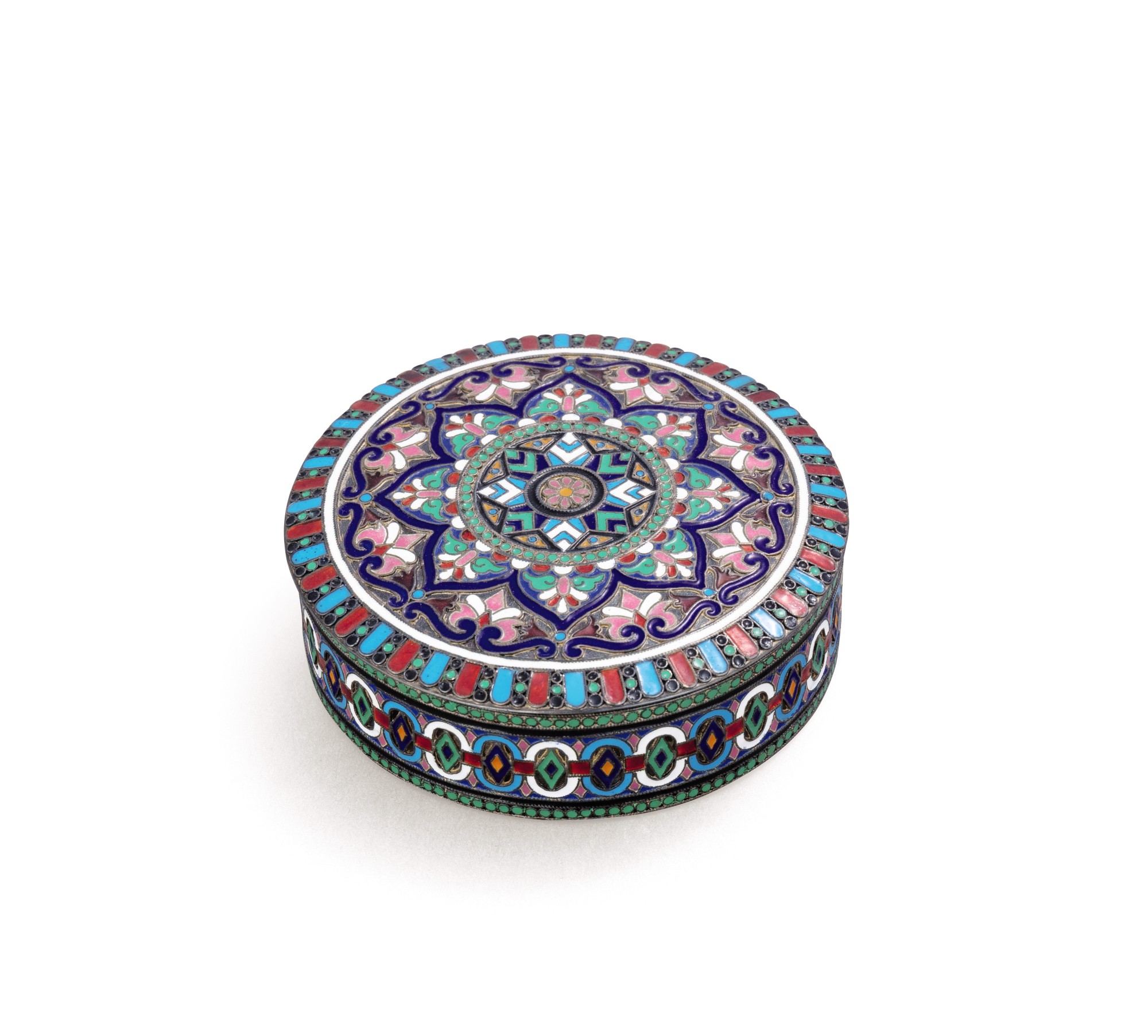 A Russian parcel-gilt silver and cloisonné enamel covered box, mark of ...