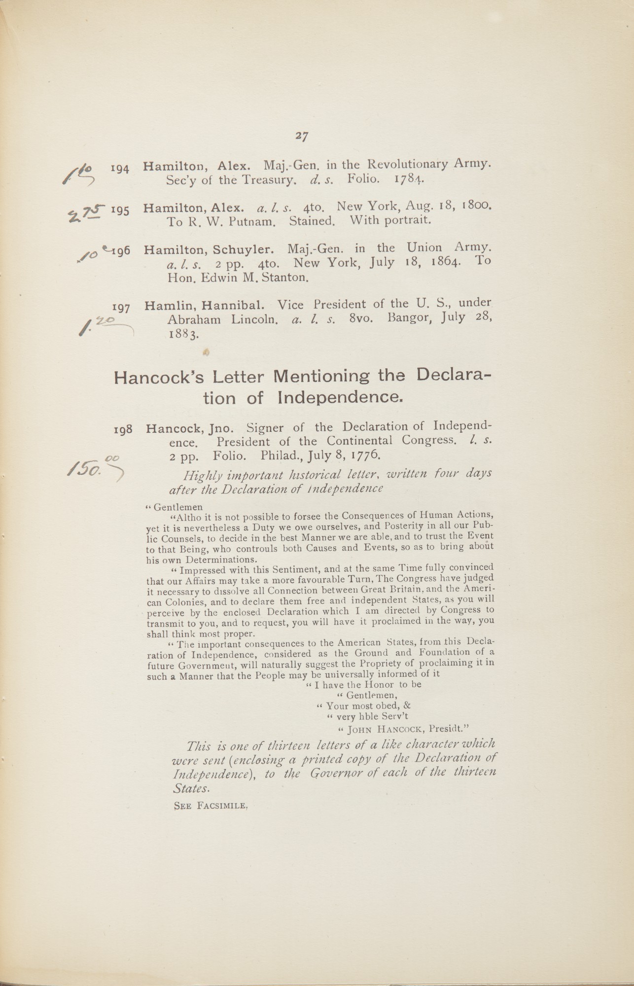 John Hancock, manuscript letter signed, announcing the adoption of the ...