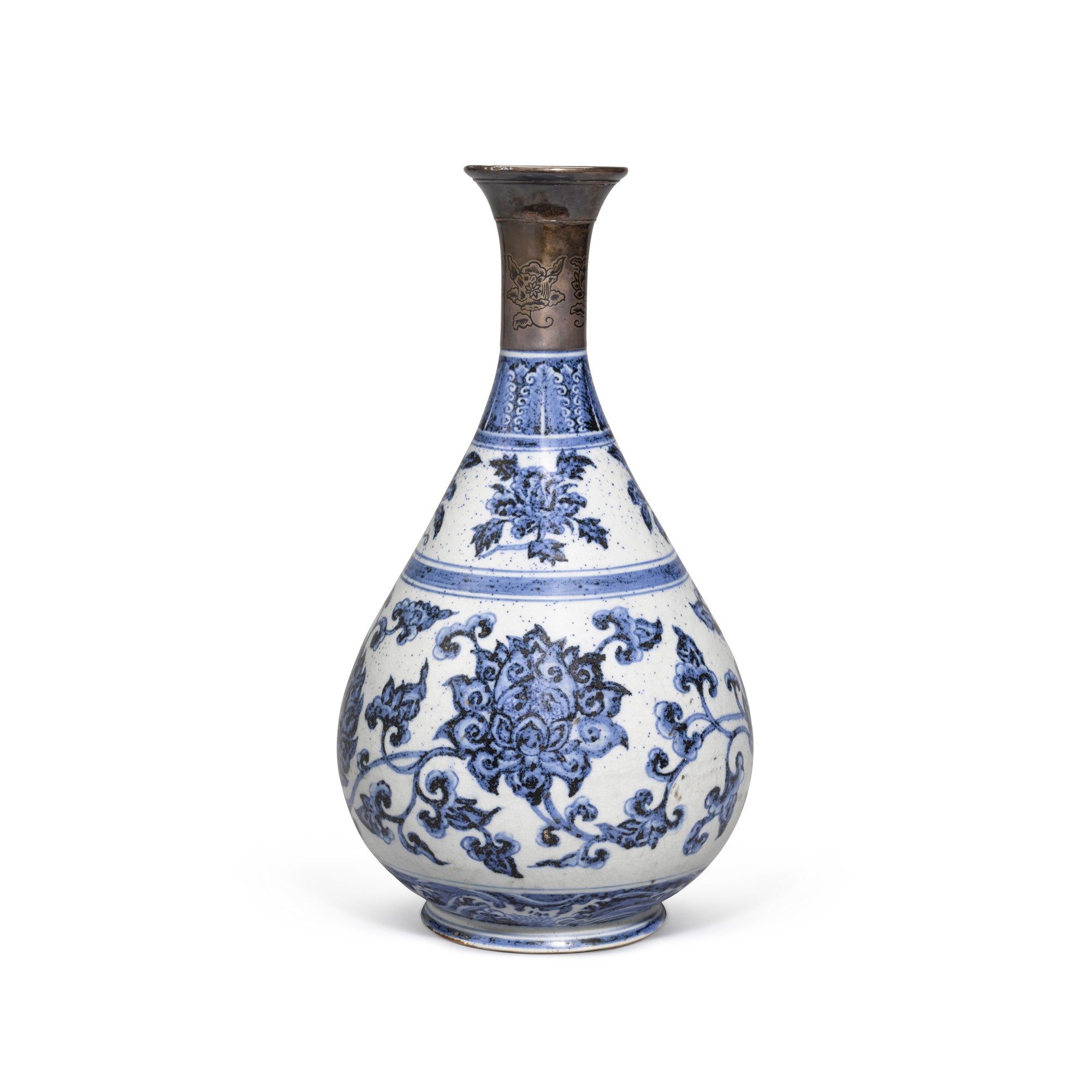 A rare silver-mounted blue and white vase, Yuhuchun ping Ming dynasty ...