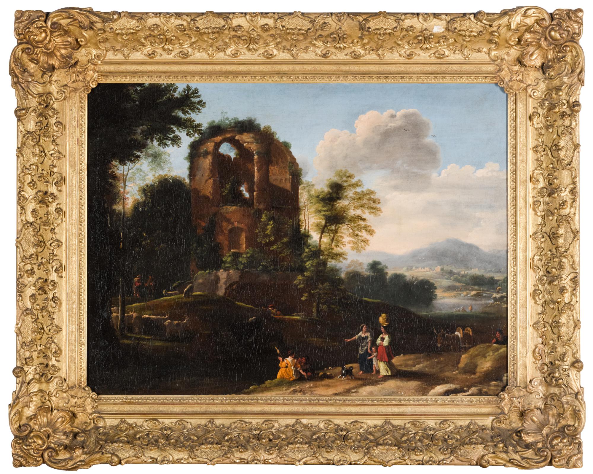 HERMAN VAN SWANEVELT| A landscape with figures among ancient ruins ...