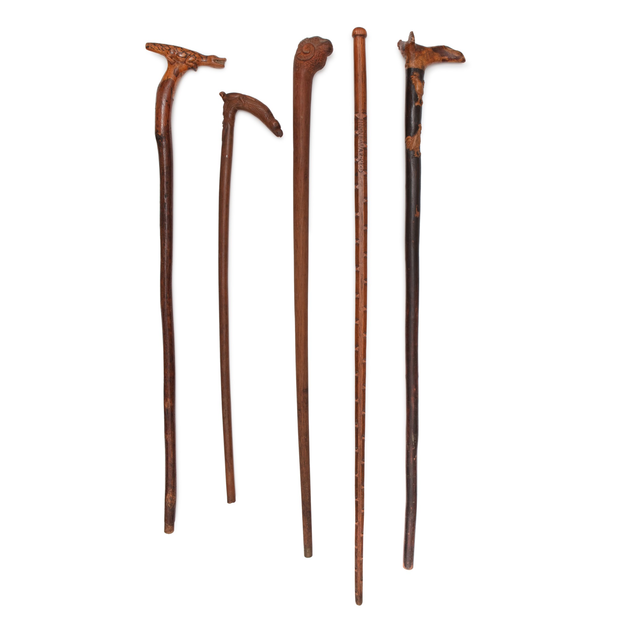Group of Five American Carved Wooden Canes, One dated 1796, the ...