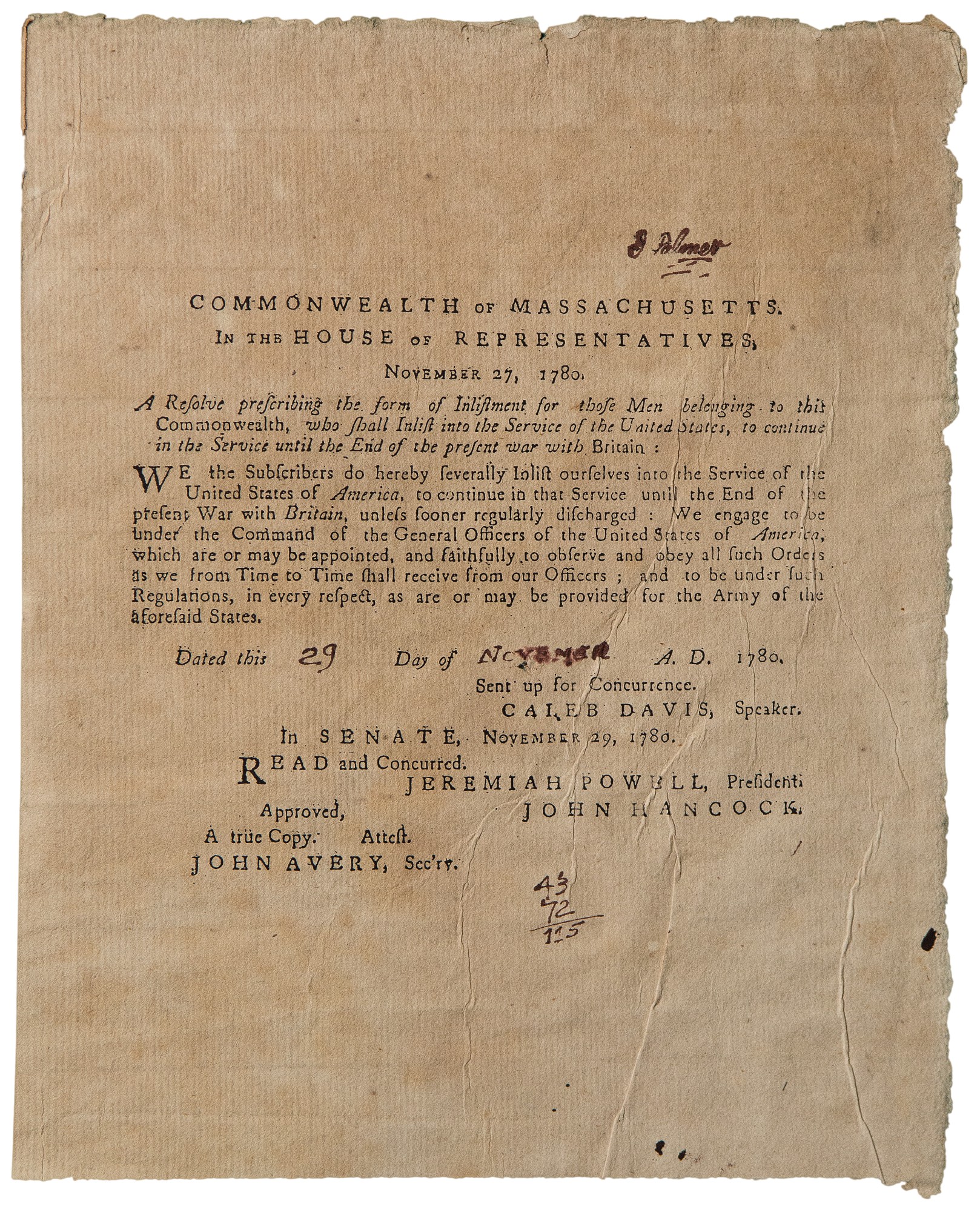 [American Revolution]. Continental Army enlistment broadside | Fine ...