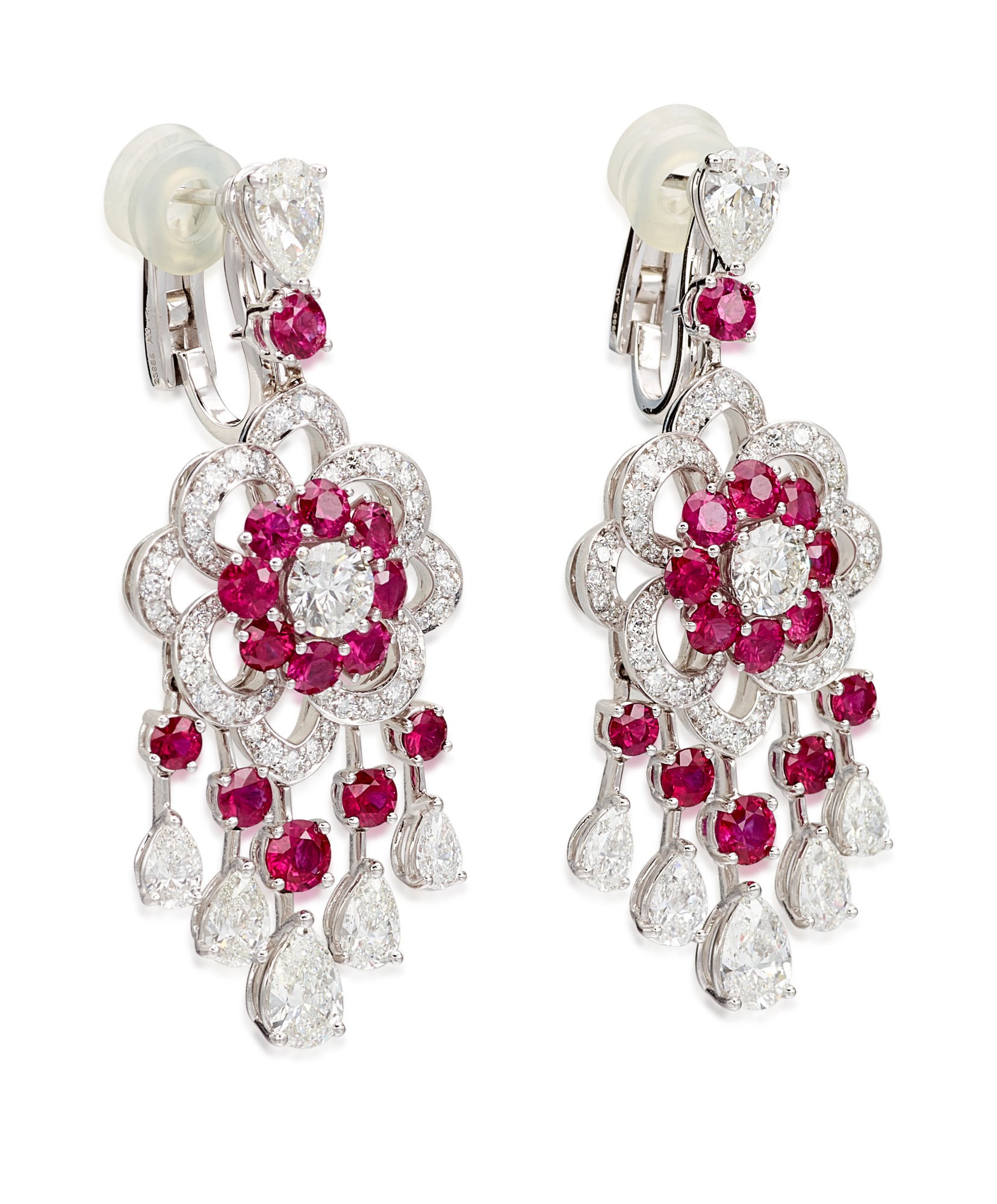 'Rosette' Pair of Ruby and Diamond Pendent Earrings | 格拉夫| 'Rosette' 紅寶石 配 鑽石 耳墜一對 (紅寶石及鑽石共重約6. ...
