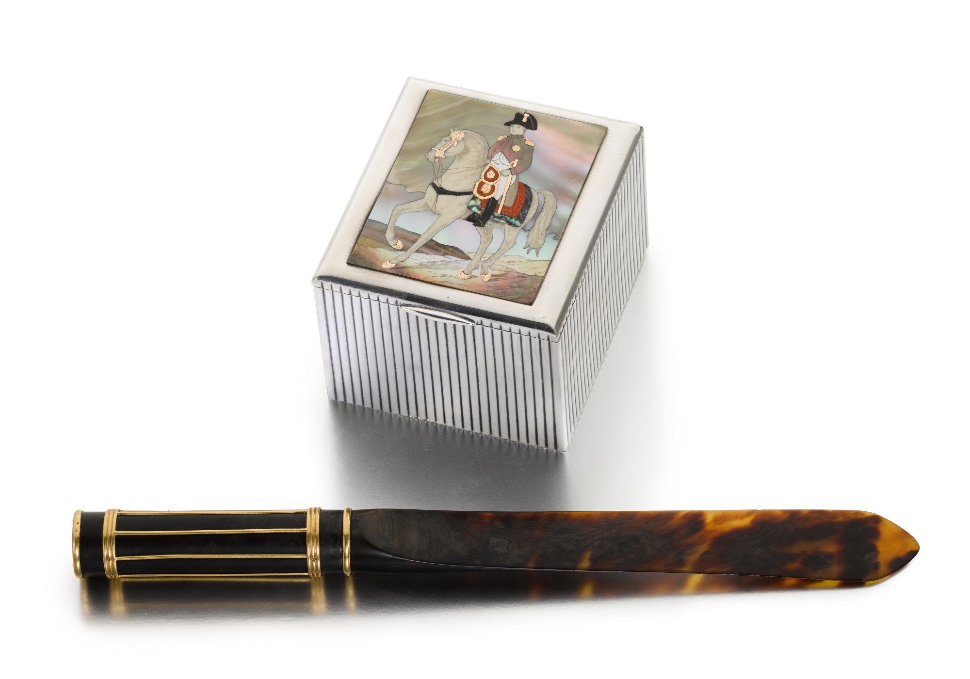 A silver, gold, mother of pearl and ivory table cigarette box, Dunhill ...