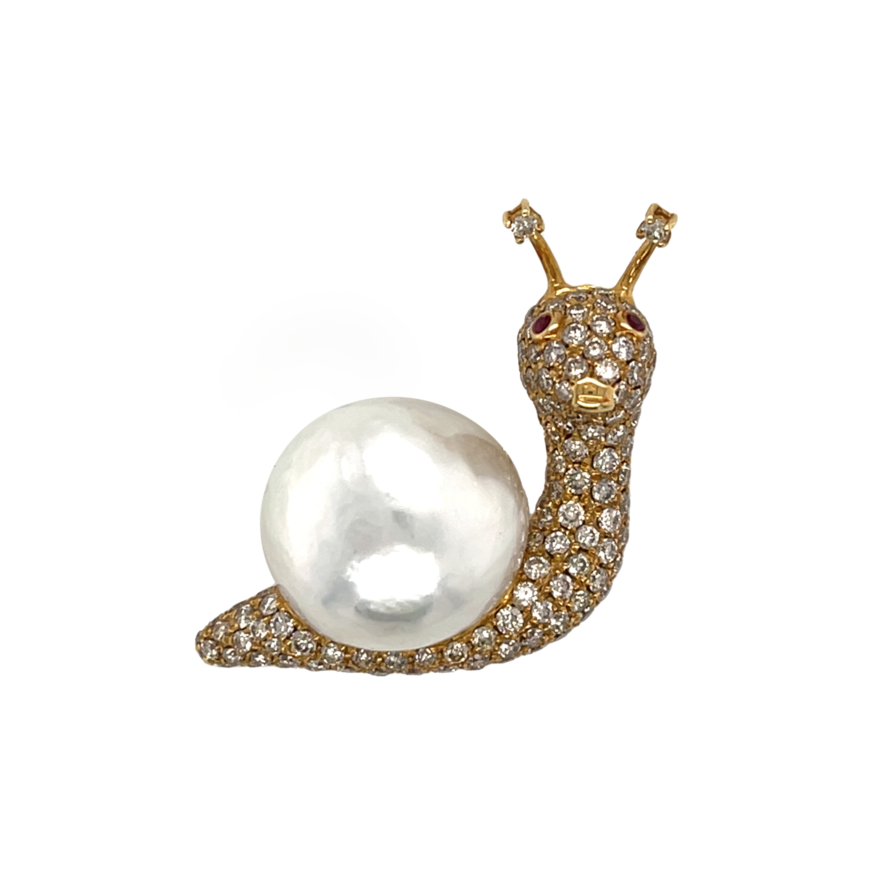 KS Sze & Sons Gold, Cultured Pearl, Ruby And Brown Diamond Snail Brooch ...