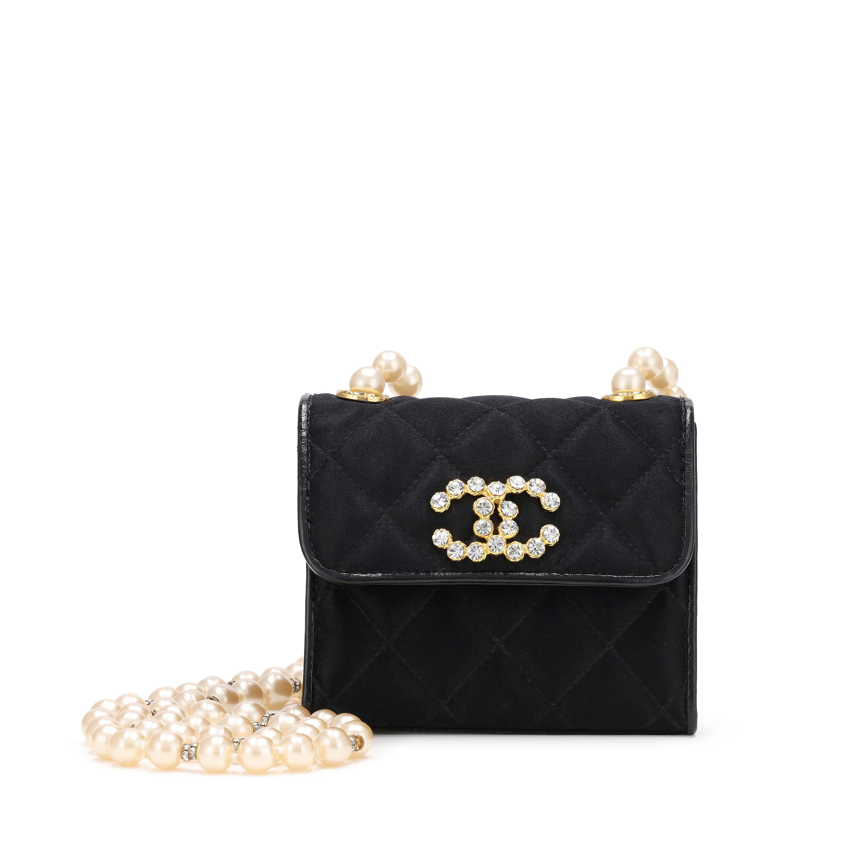 Chanel Vintage Black Quilted Satin Mini Strass And Imitation Pearl CC ...