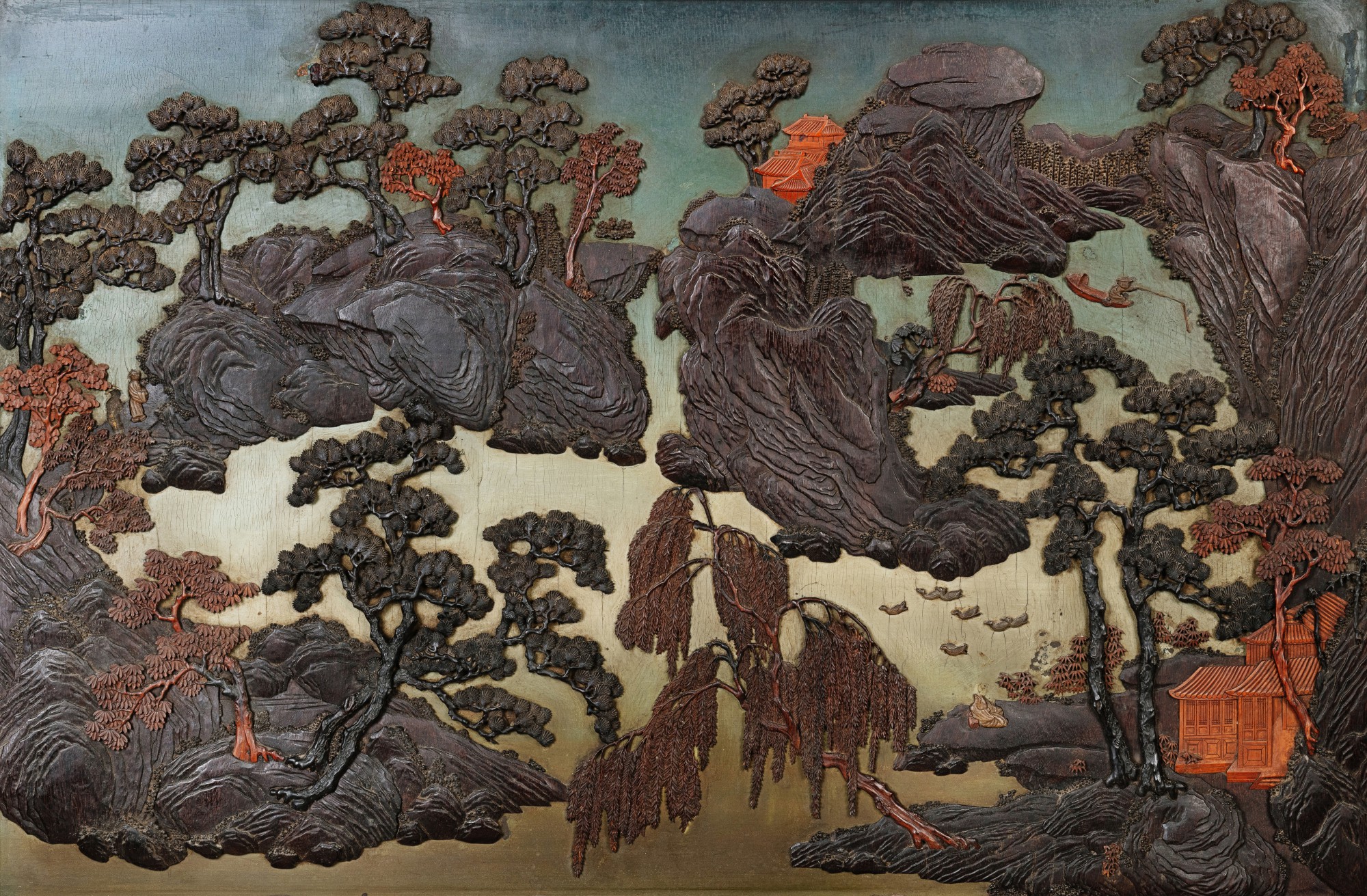 A finely carved jichimu and boxwood inlaid, zitan-framed ‘landscape ...