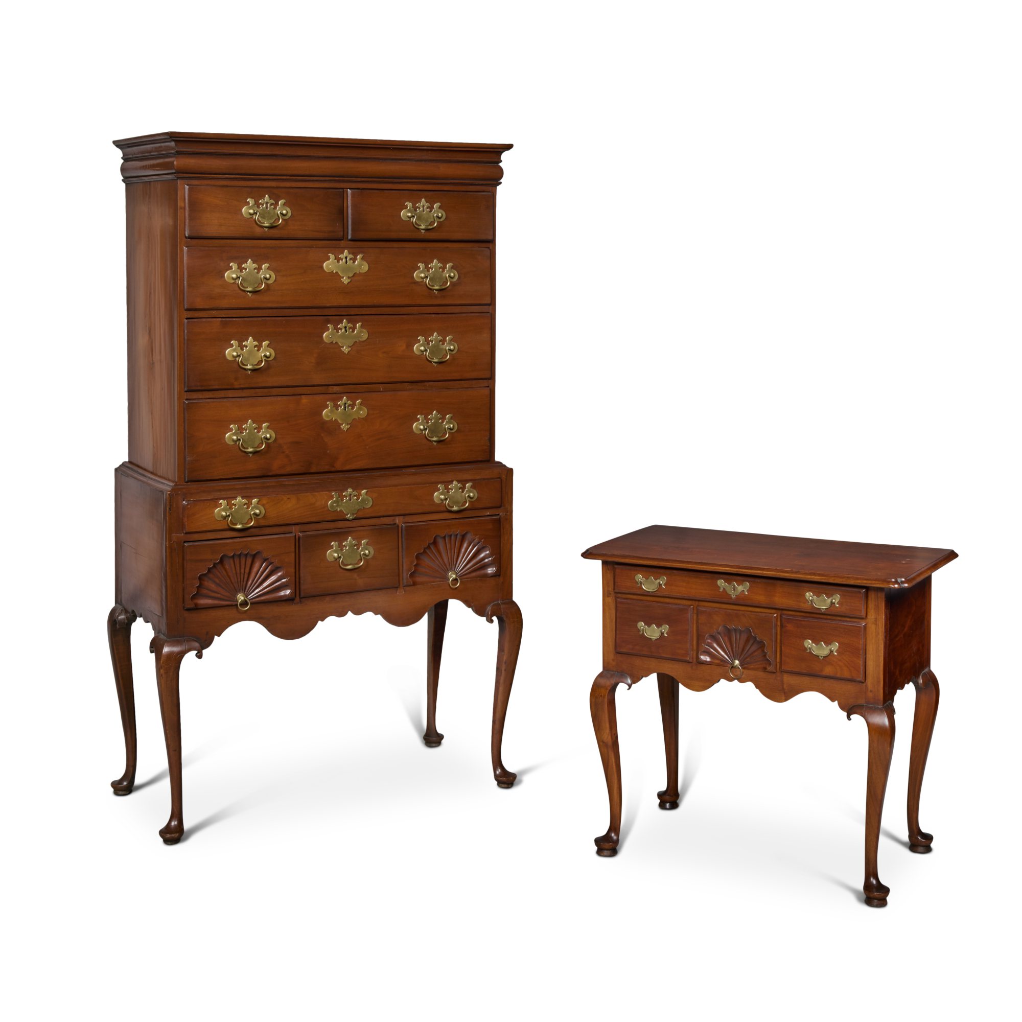 A Queen Anne Carved Walnut High Chest of Drawers with Nearly Matching ...