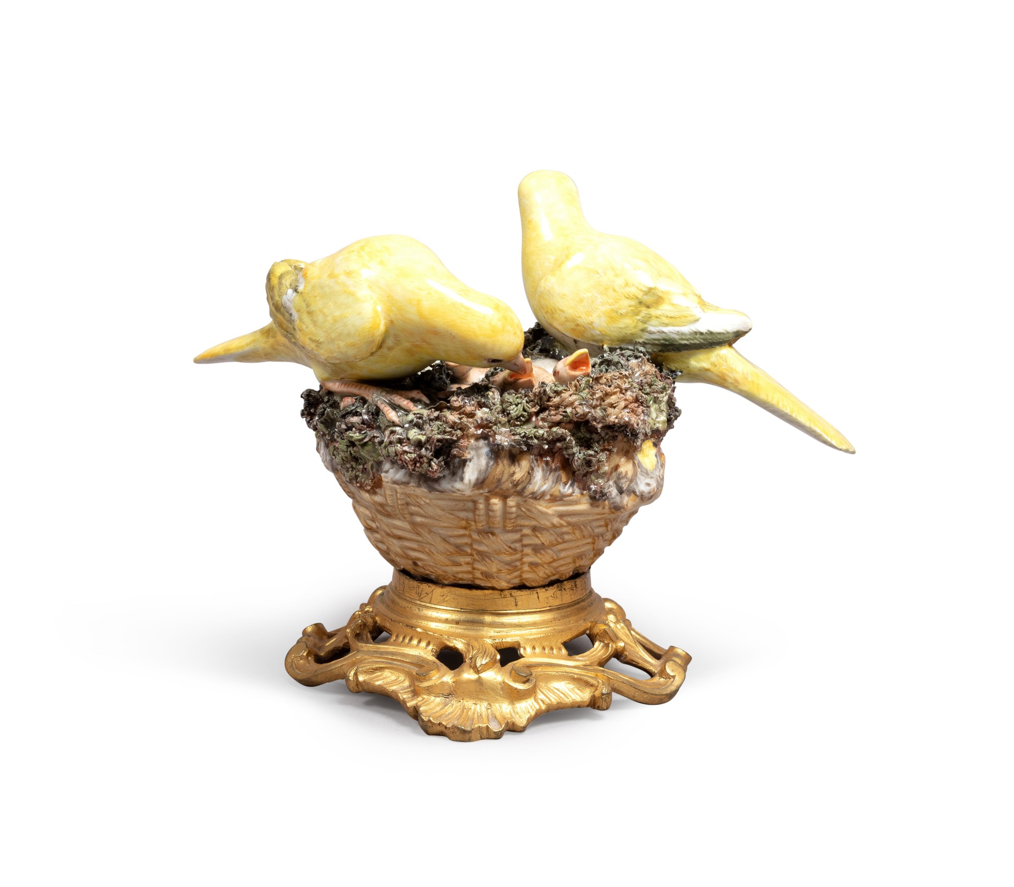 A gilt bronze mounted Meissen porcelain group of a canaries' nest ...