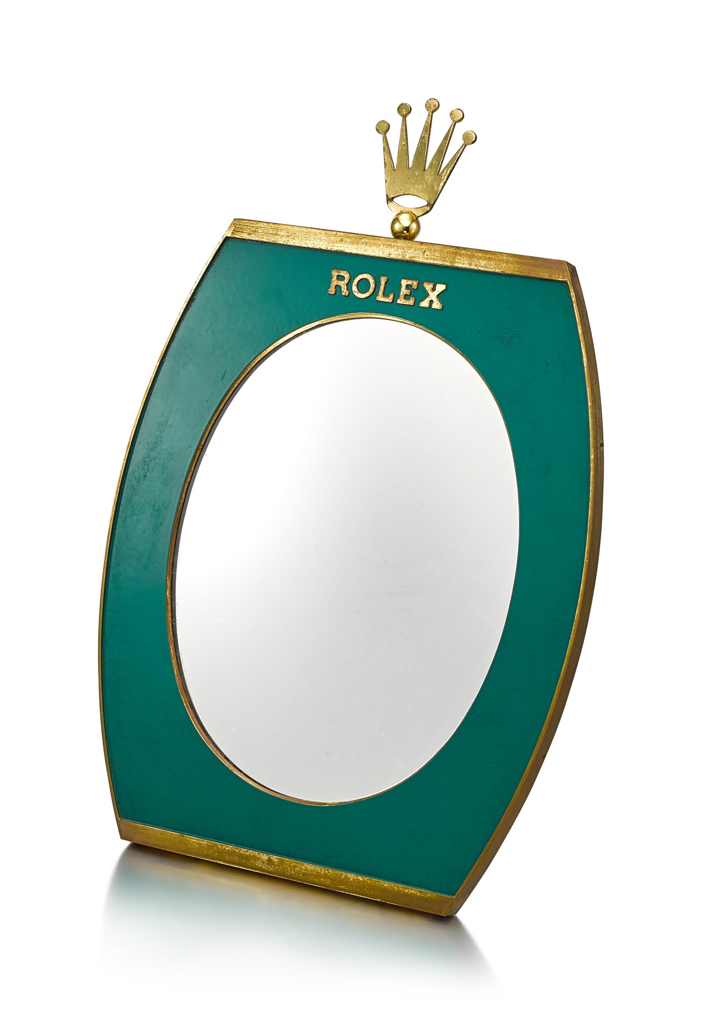 ROLEX | A GILT BRASS AND GREEN ENAMEL RETAILER'S DISPLAY MIRROR WITH ...