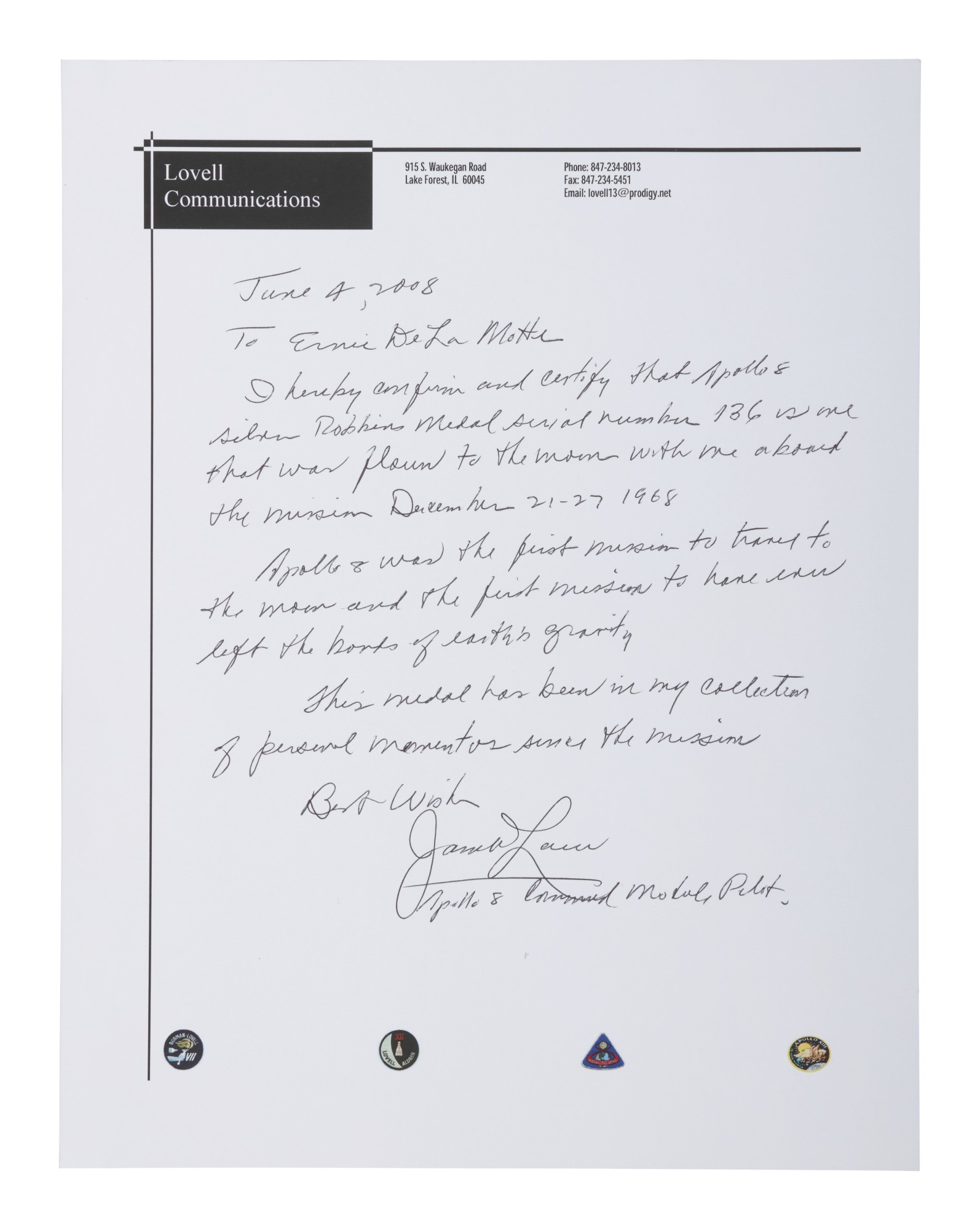 [APOLLO 8]. FLOWN ON APOLLO 8. COMMAND MODULE PILOT JAMES LOVELL'S ...