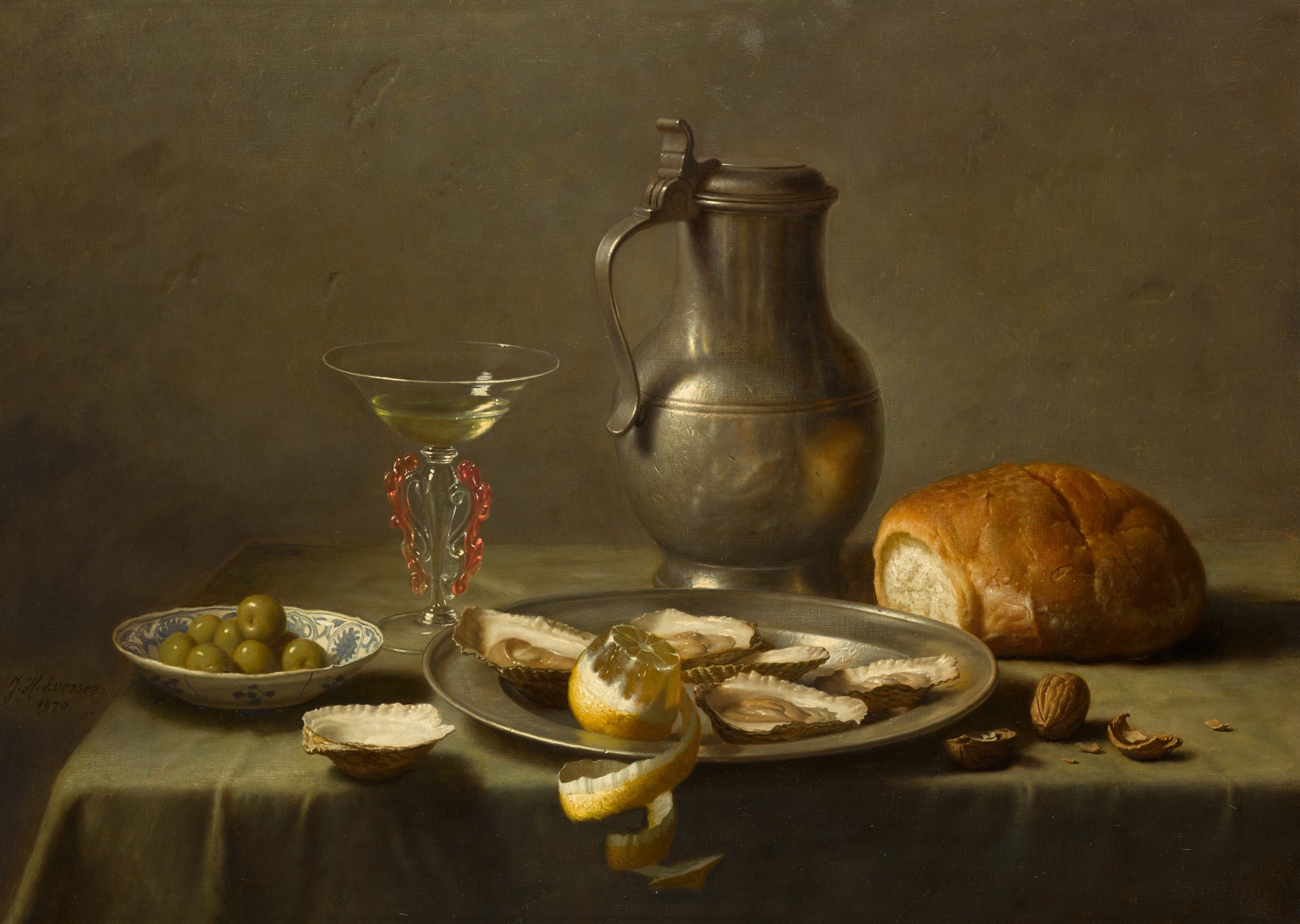 Still life with pewterware, a glass, oysters, bread, walnuts, olives ...