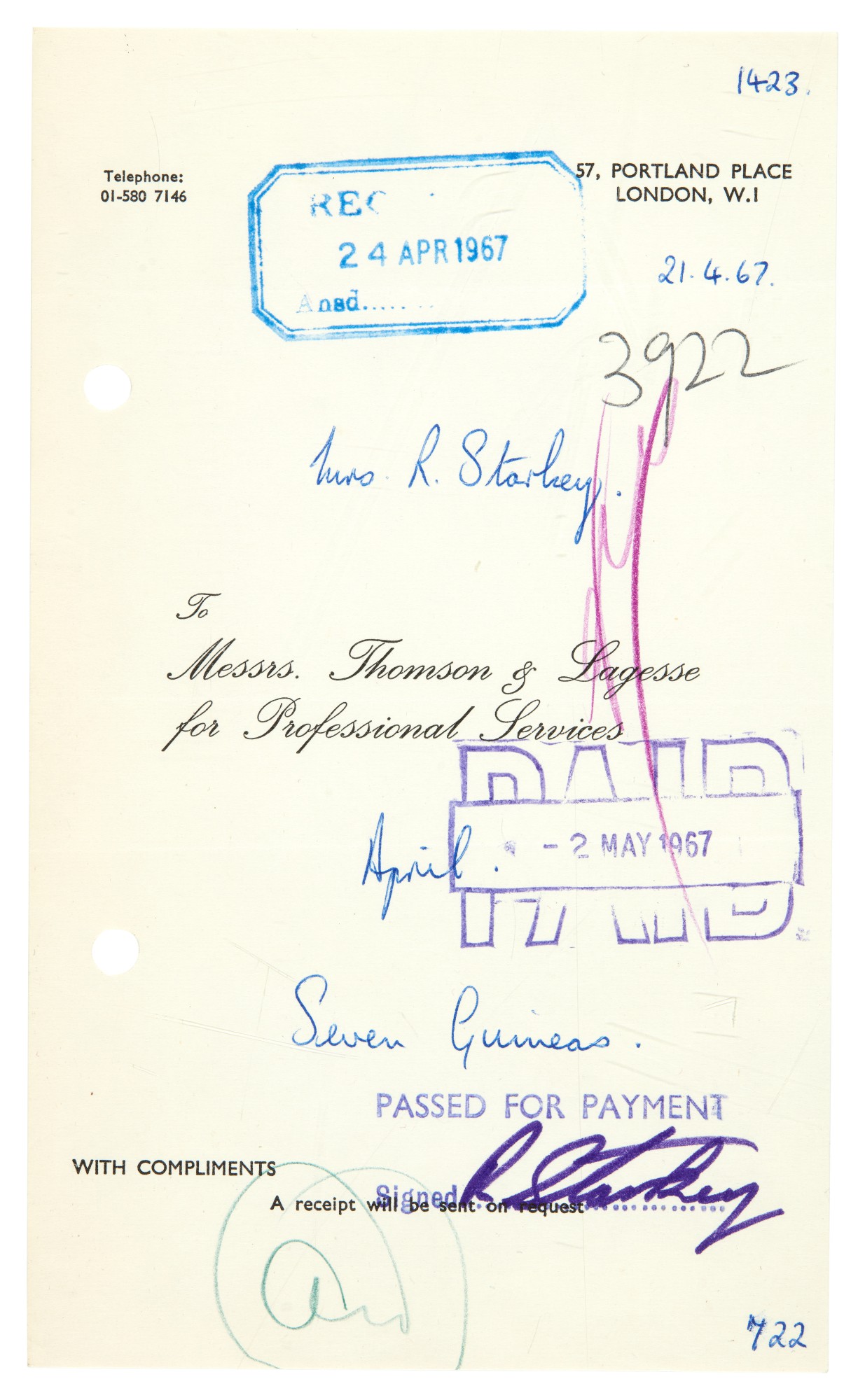 Ringo Starr | Invoice, from ‘Messrs. Thomson & Lagesse’ of 57 Portland ...