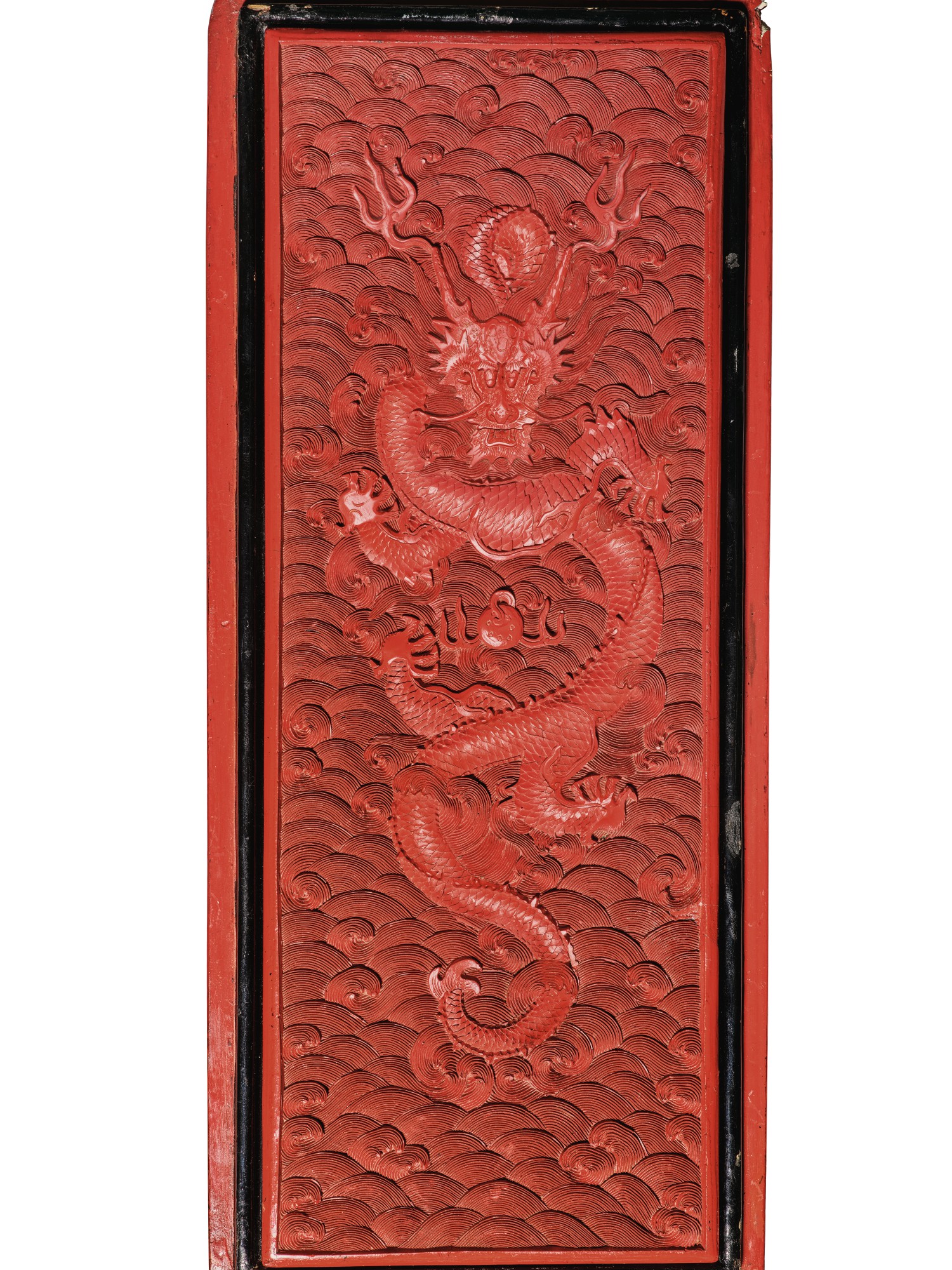 A RARE CARVED CINNABAR LACQUER 'DRAGON' SUTRA BOX AND COVER, QING ...