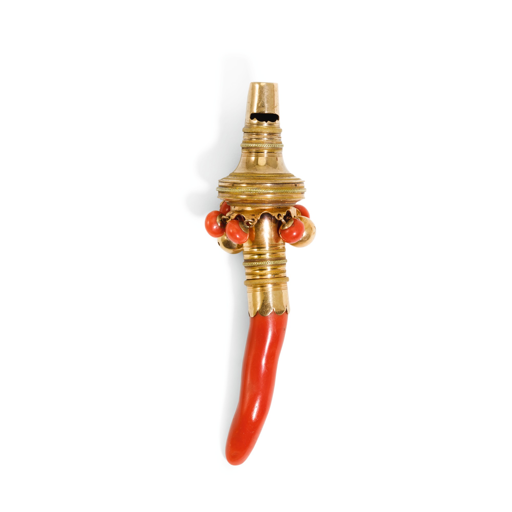 A two-colour gold and coral teething rattle, probably English, circa ...