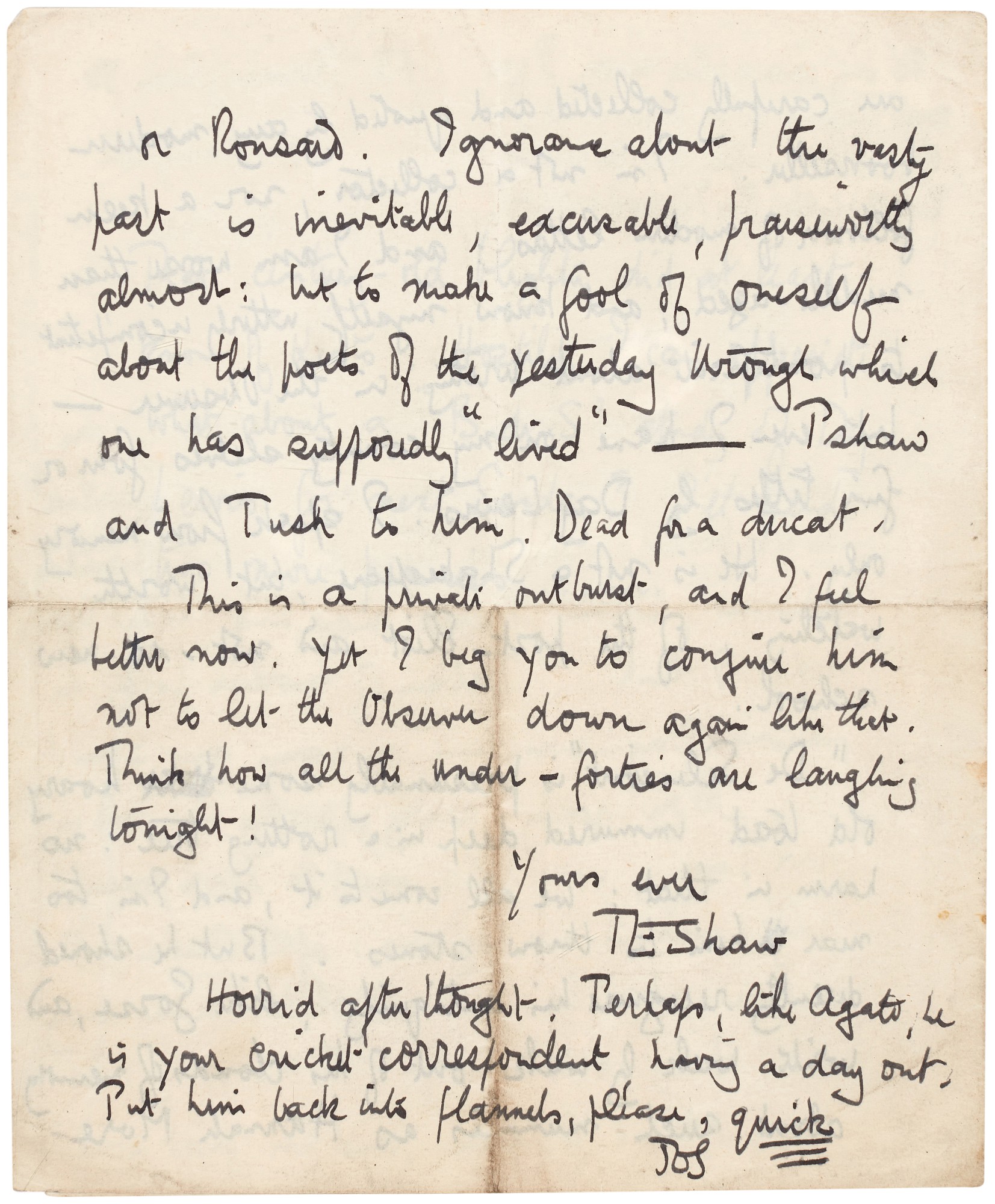 T.E. Lawrence | autograph letter signed, to James Louis Garvin, 1934 ...