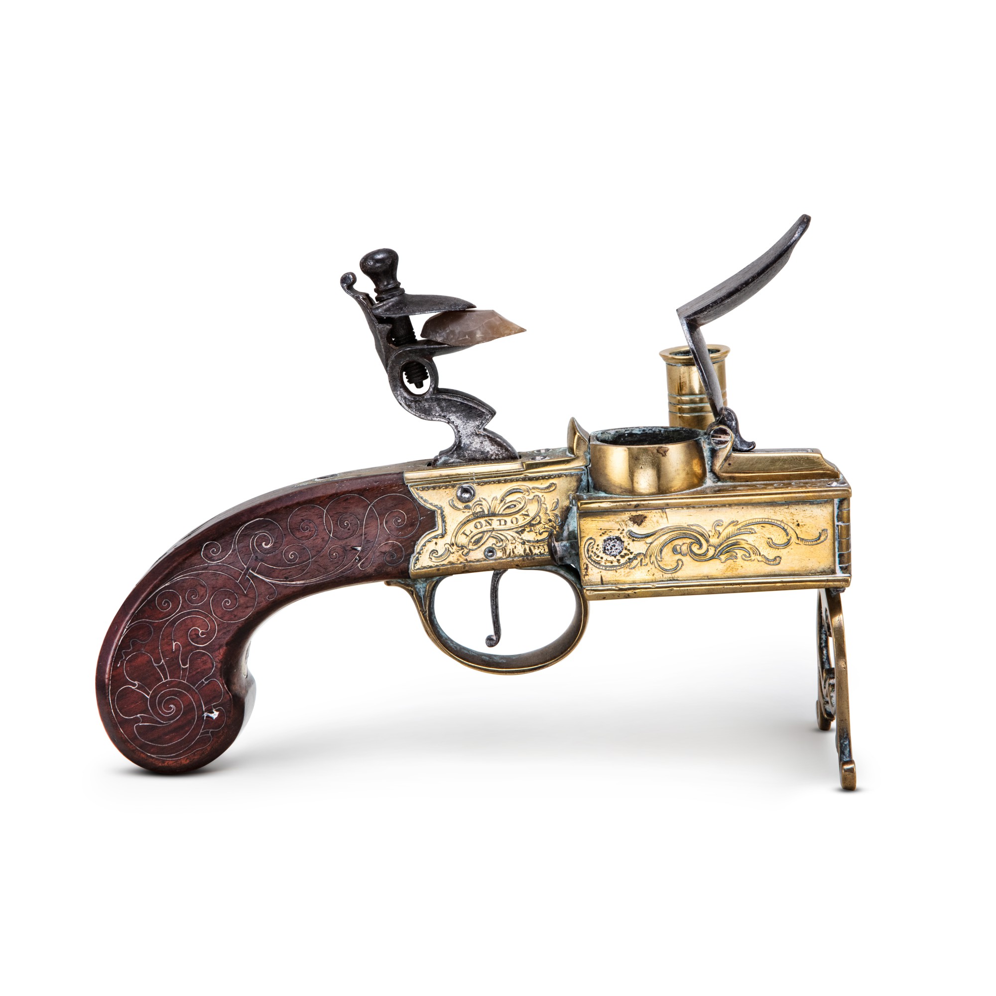 Very Fine English Wrought Iron, Engraved Brass and Silver-Inlaid ...